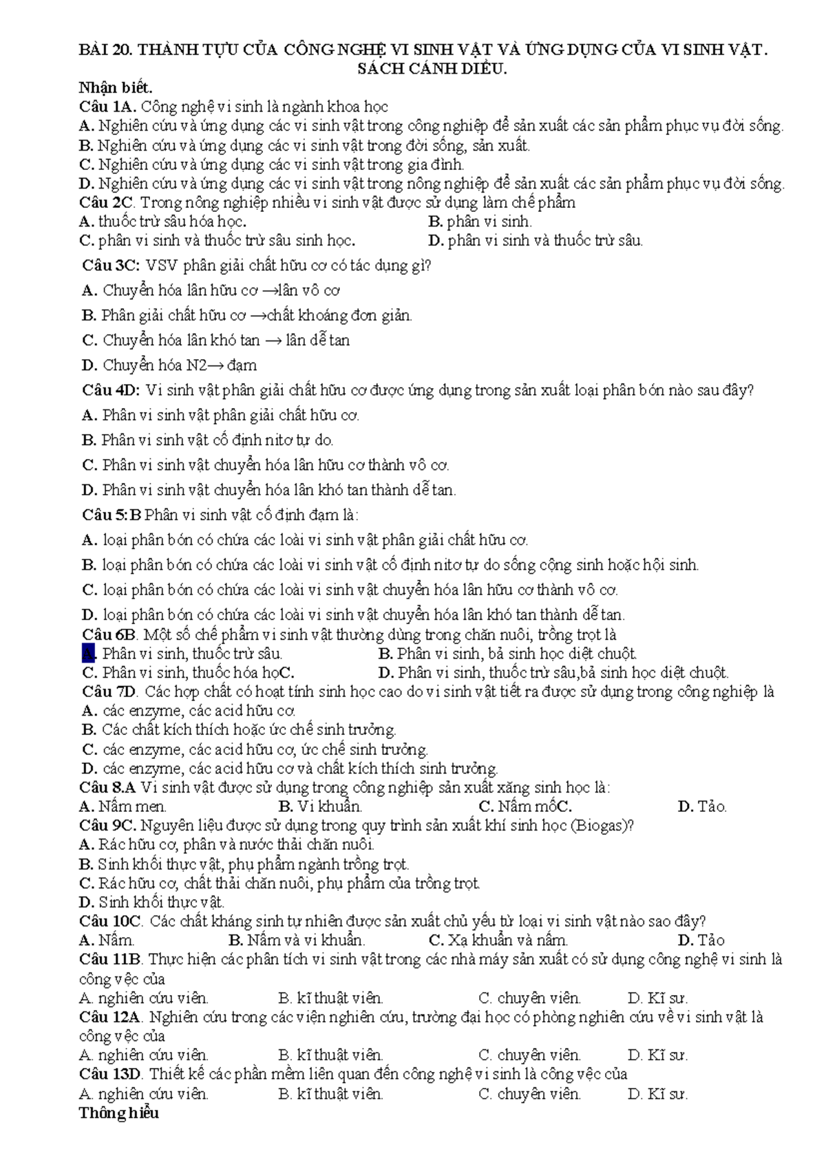 Bản sao BÀI 20 - dit me app - BÀI 20. THÀNH TỰU CỦA CÔNG NGHỆ VI SINH ...