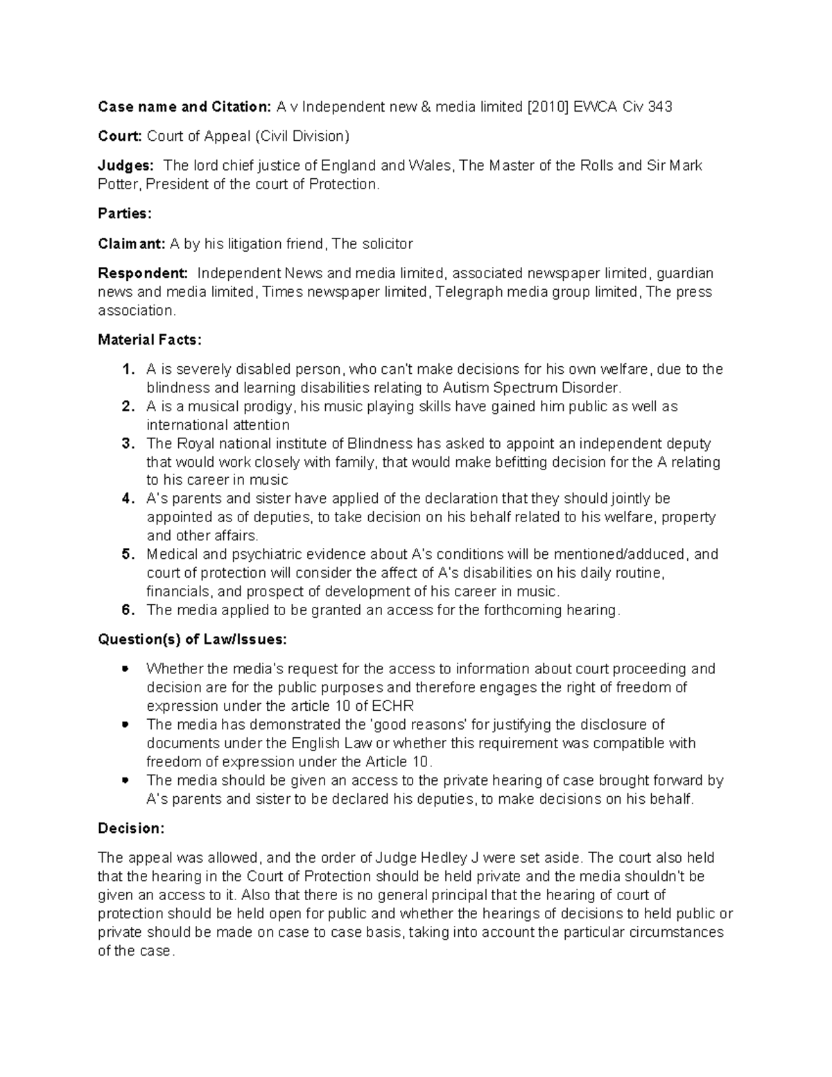 Case Note - case note - Case name and Citation: A v Independent new ...