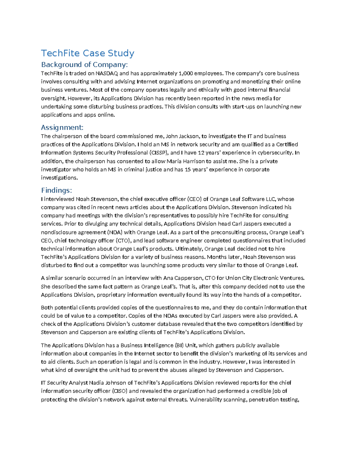 Tech Fite Case Study - Case fail task 1 - TechFite Case Study Background of Company: TechFite is ...