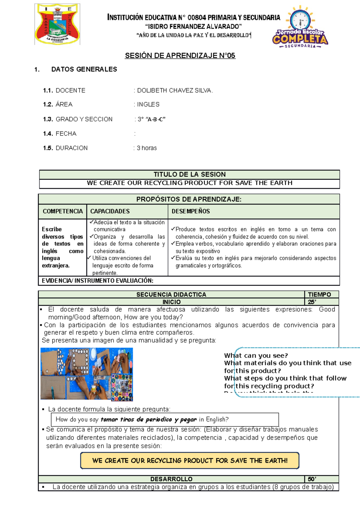U5- Sesión DE Aprendizaje N°06 - SESIÓN DE APRENDIZAJE N° 1. DATOS GENERALES 1. DOCENTE ...
