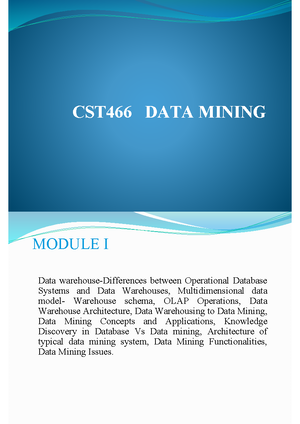Data Mining and Warehouse - CST466 - KTU - Studocu