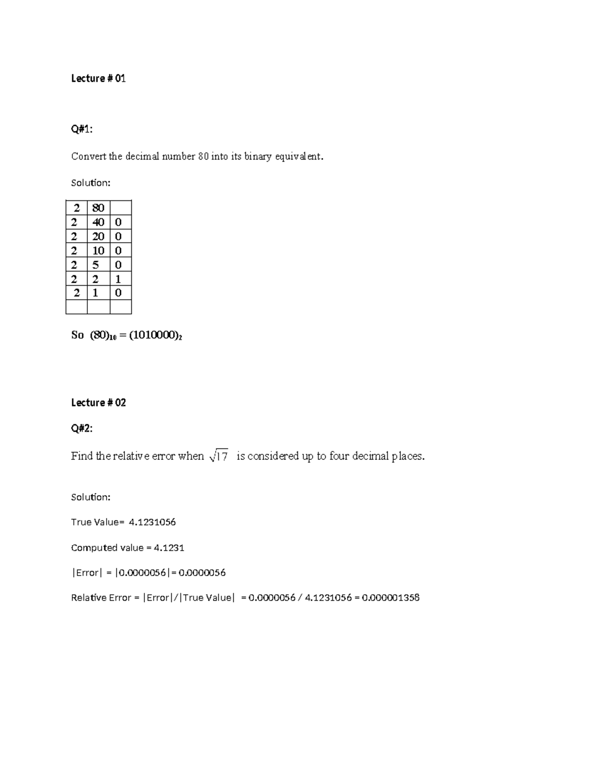 Practice Questions Lecture 1 To 6 Numerical Analysis For Midterm Exams Lecture 01 Q1