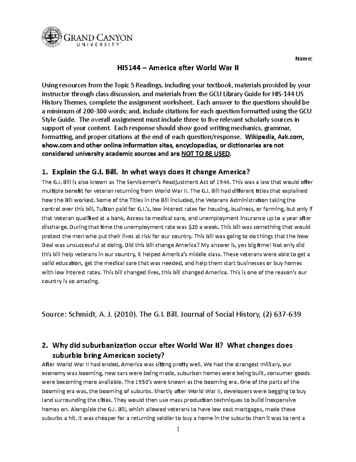 HIS 144 T 5 - Name: HIS144 – America ater World War II Using resources ...