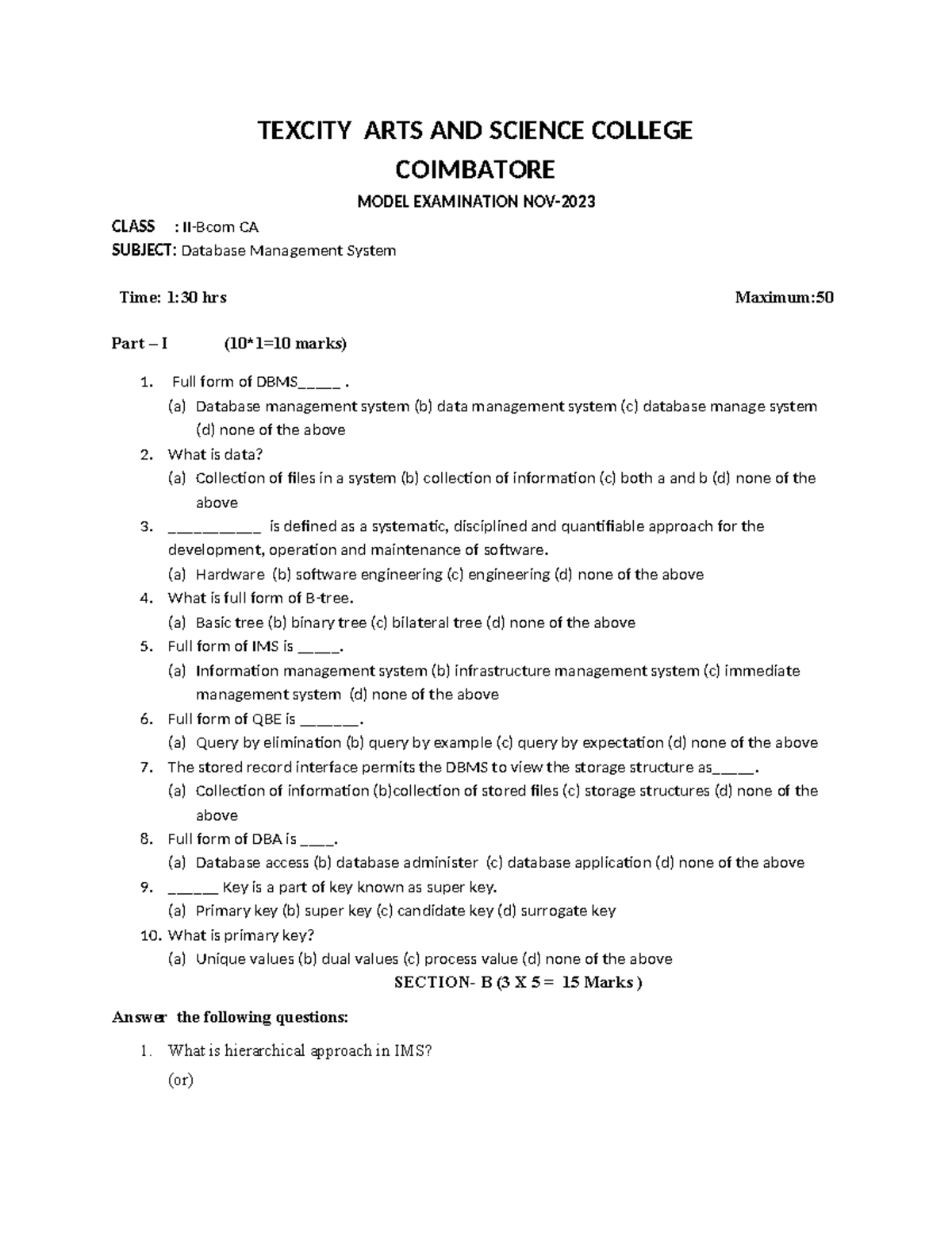Dbms Model Question 23 Bcom Ca Texcity Arts And Science College Coimbatore Model Examination