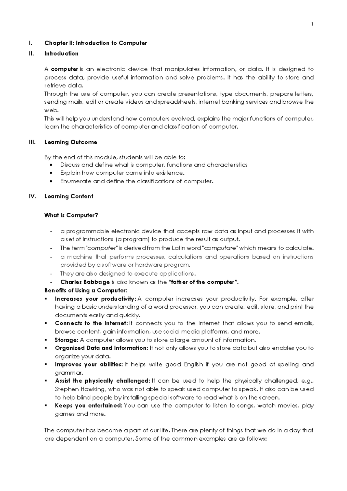 Chapter Introduction To Computer I Chapter Ii Introduction To Computer Ii Introduction A