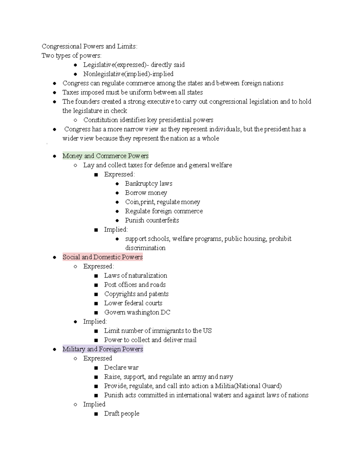 Chapter 6 Government Notes - Congressional Powers and Limits: Two types ...
