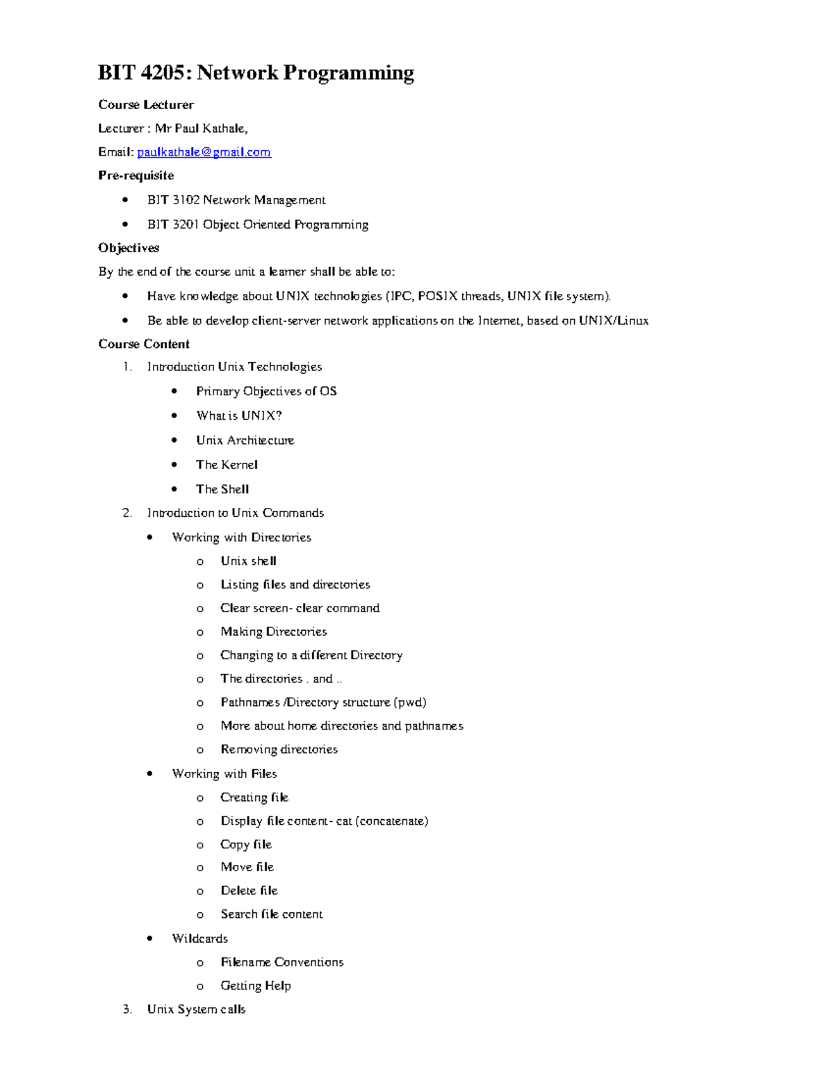 BIT 4205- Network Programming - Course Outline - BIT 4205: Network Programming Course Lecturer ...