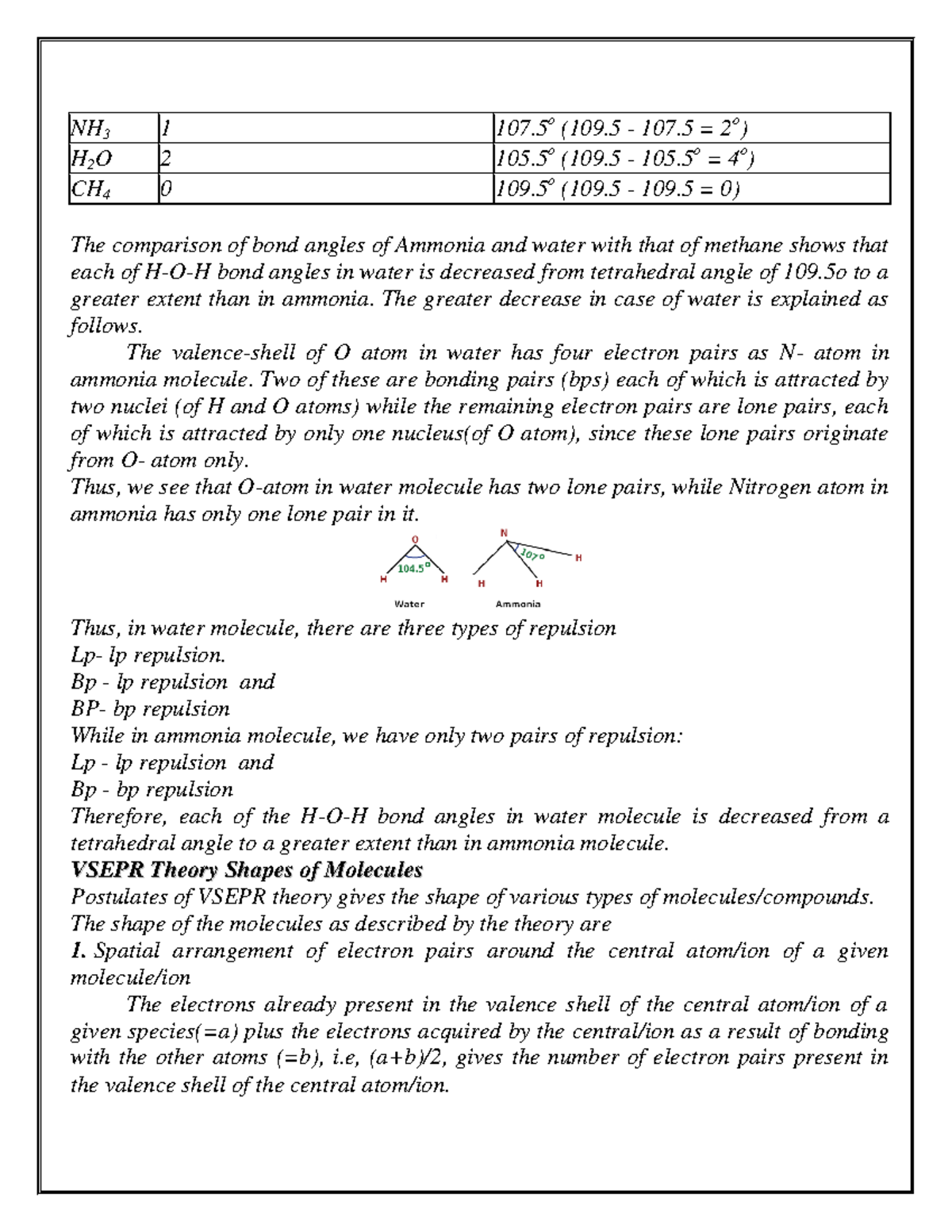 Chemistry ist sem3 - NH 3 1 107. o (109 - 107 = 2 o ) H 2 O 2 105. o (109 - 105. o = 4 o ) CH 4 ...