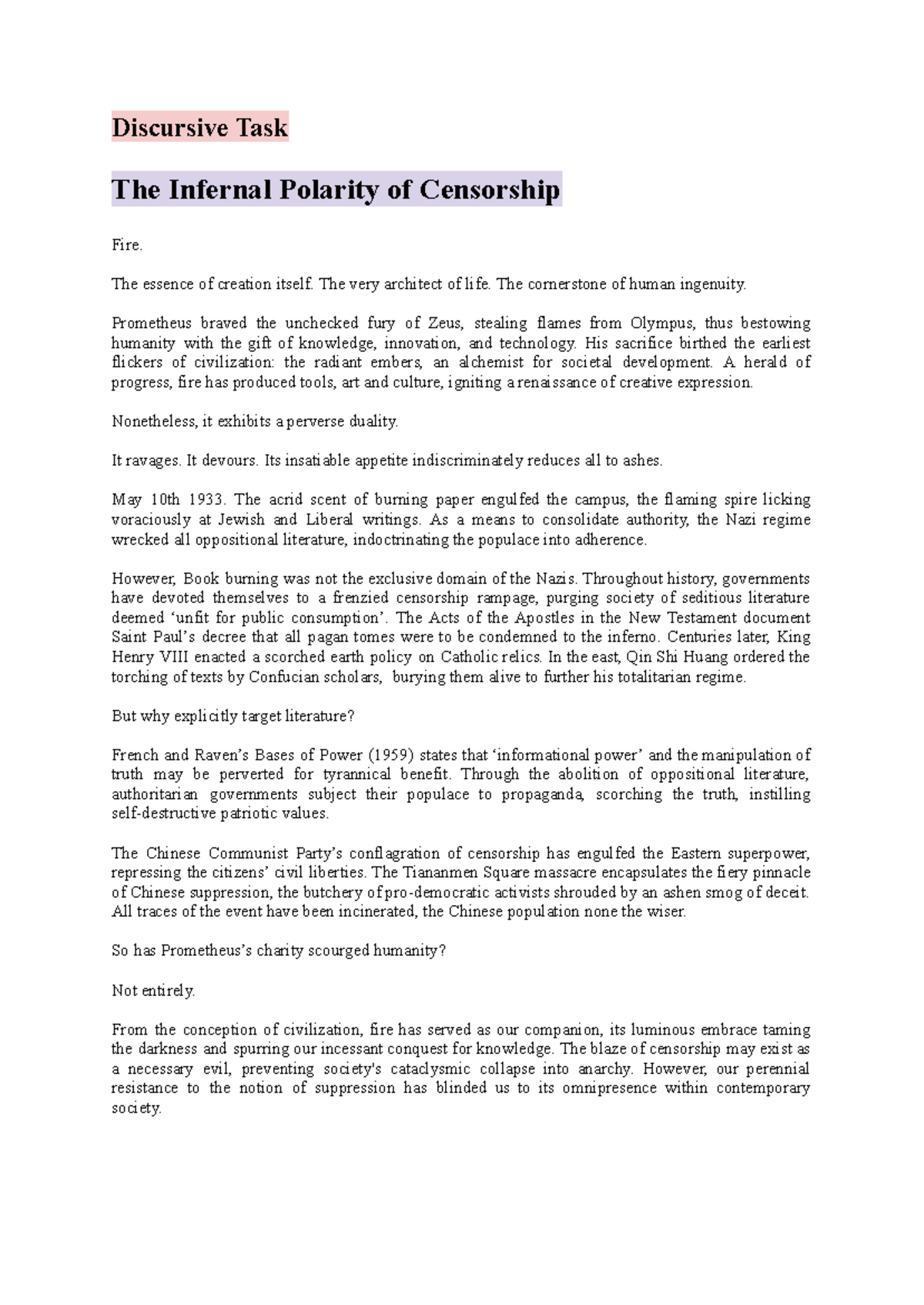 Prelim English Discursive - Reading To Write - Discursive Task The ...