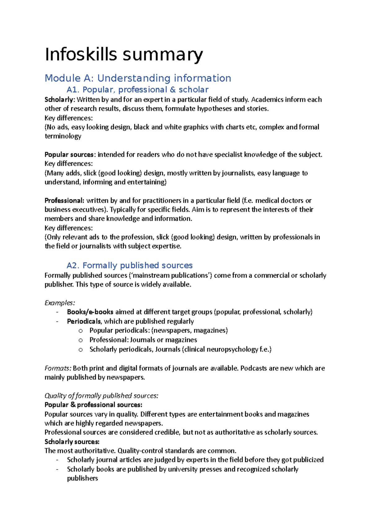 Infoskills summary - Infoskills summary Module A: Understanding ...