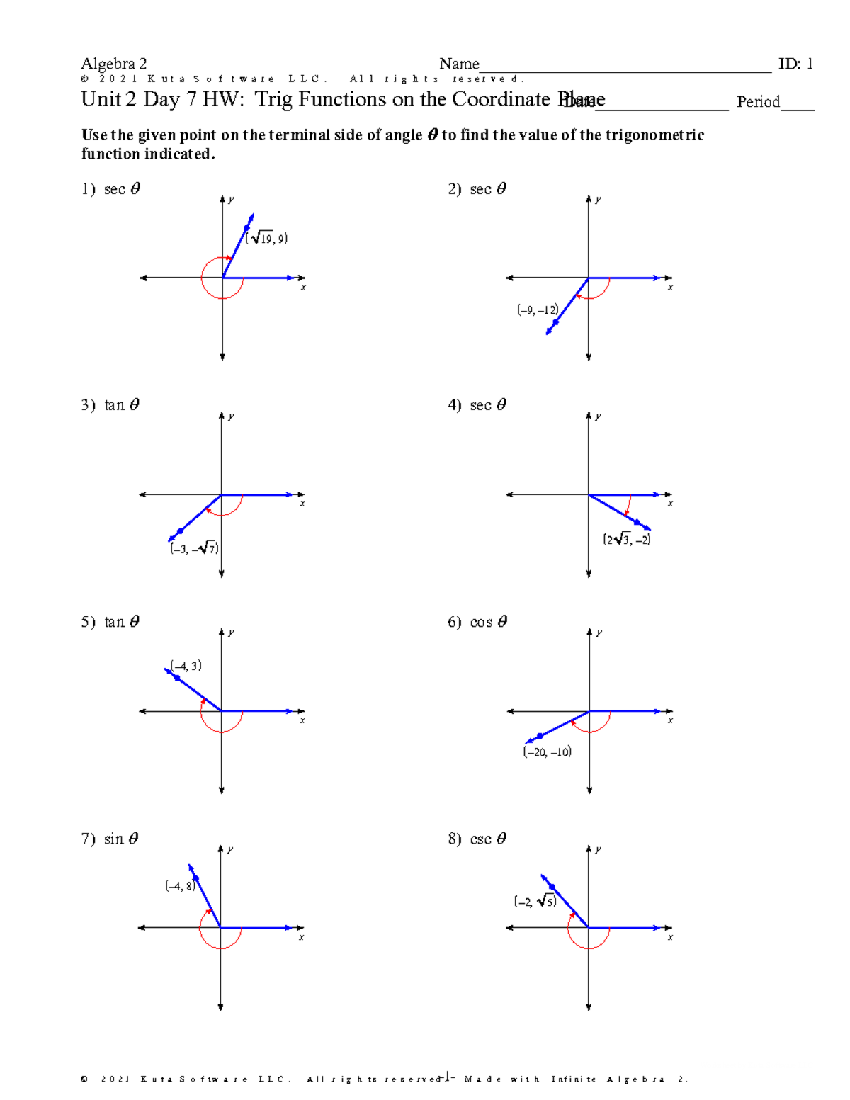 2122 Lesson 5 Homework - Trig Functions on the Coordinate Plane - ©R G ...