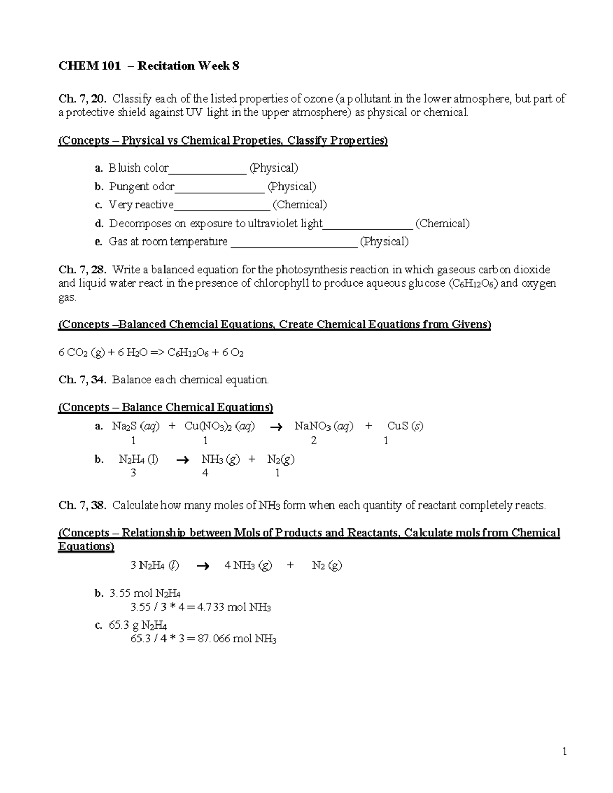 CHEM 101 Recitation Week 8 - CHEM 101 – Recitation Week 8 Ch. 7, 20 ...