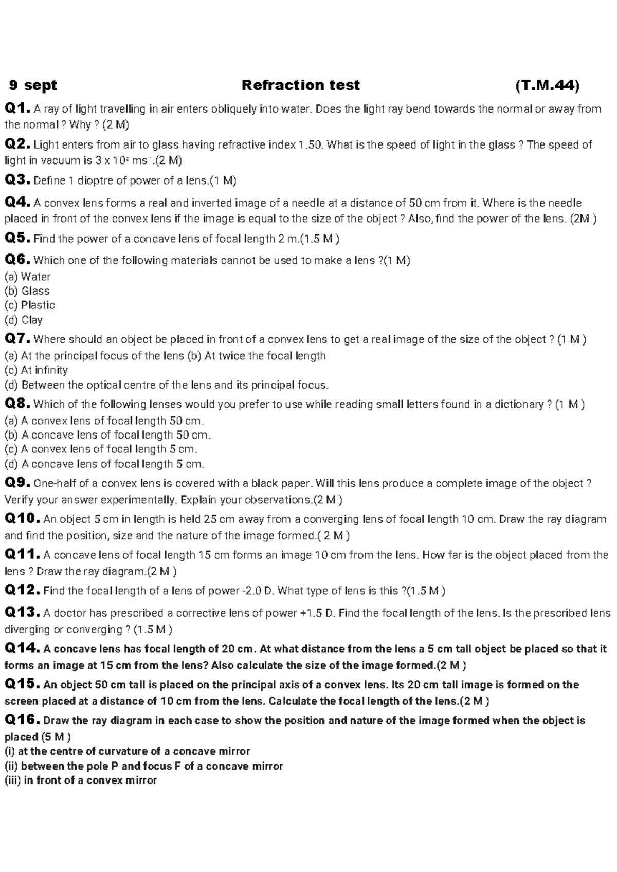 Refraction test - M) Q1. A ray of light travelling in air enters ...