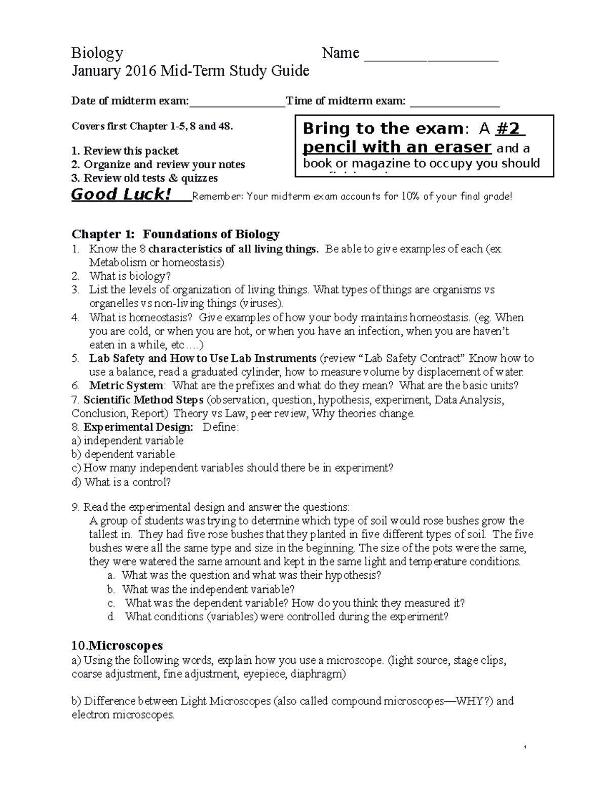 Biology Mid-term Study Guide 2016 - Biology Name _________________ January 2016 Mid-Term Study ...