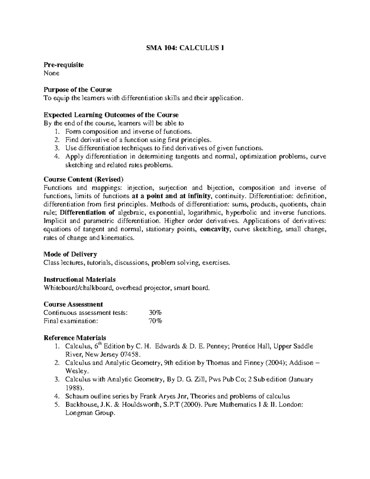 SMA 104 Notes - SMA 104: CALCULUS I Pre-requisite None Purpose of the ...