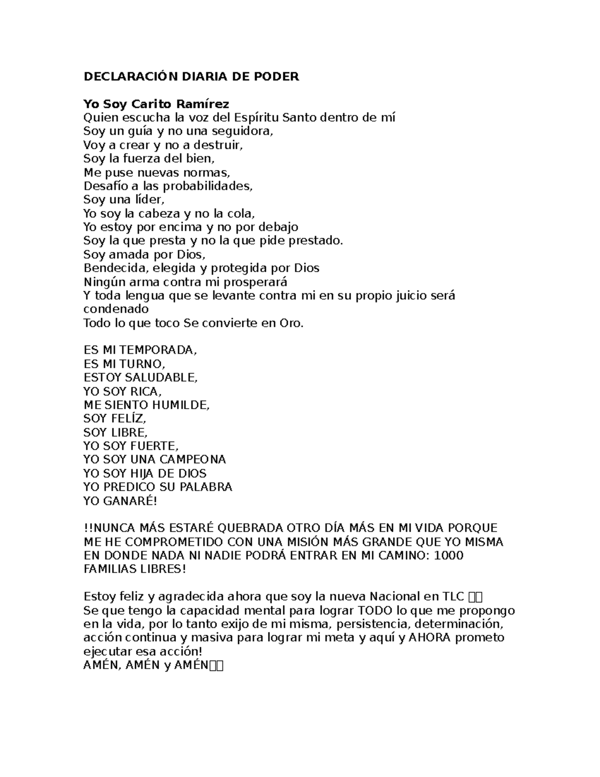 DeclaracióN Diaria DE Poder - DECLARACIÓN DIARIA DE PODER Yo Soy Carito ...