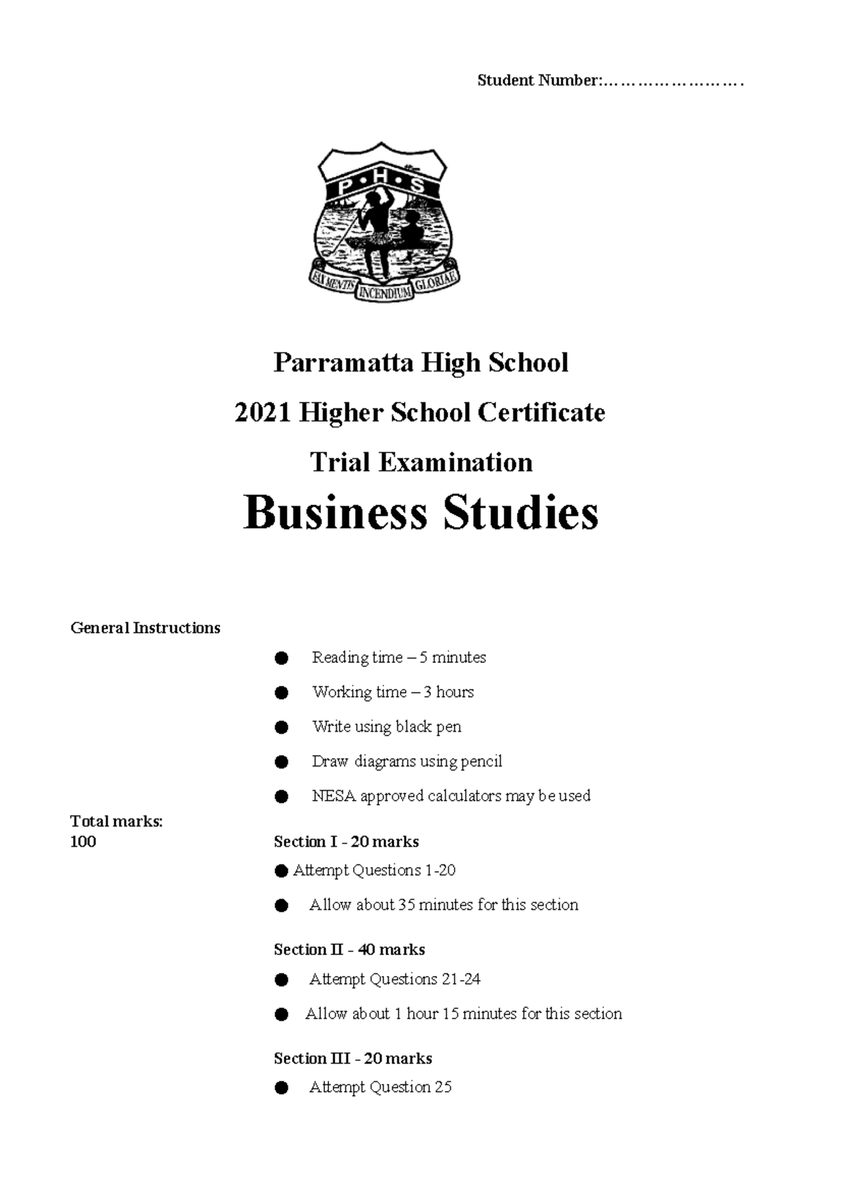 Year 12 Business Studies HSC Trial 2021 - Student Number ...