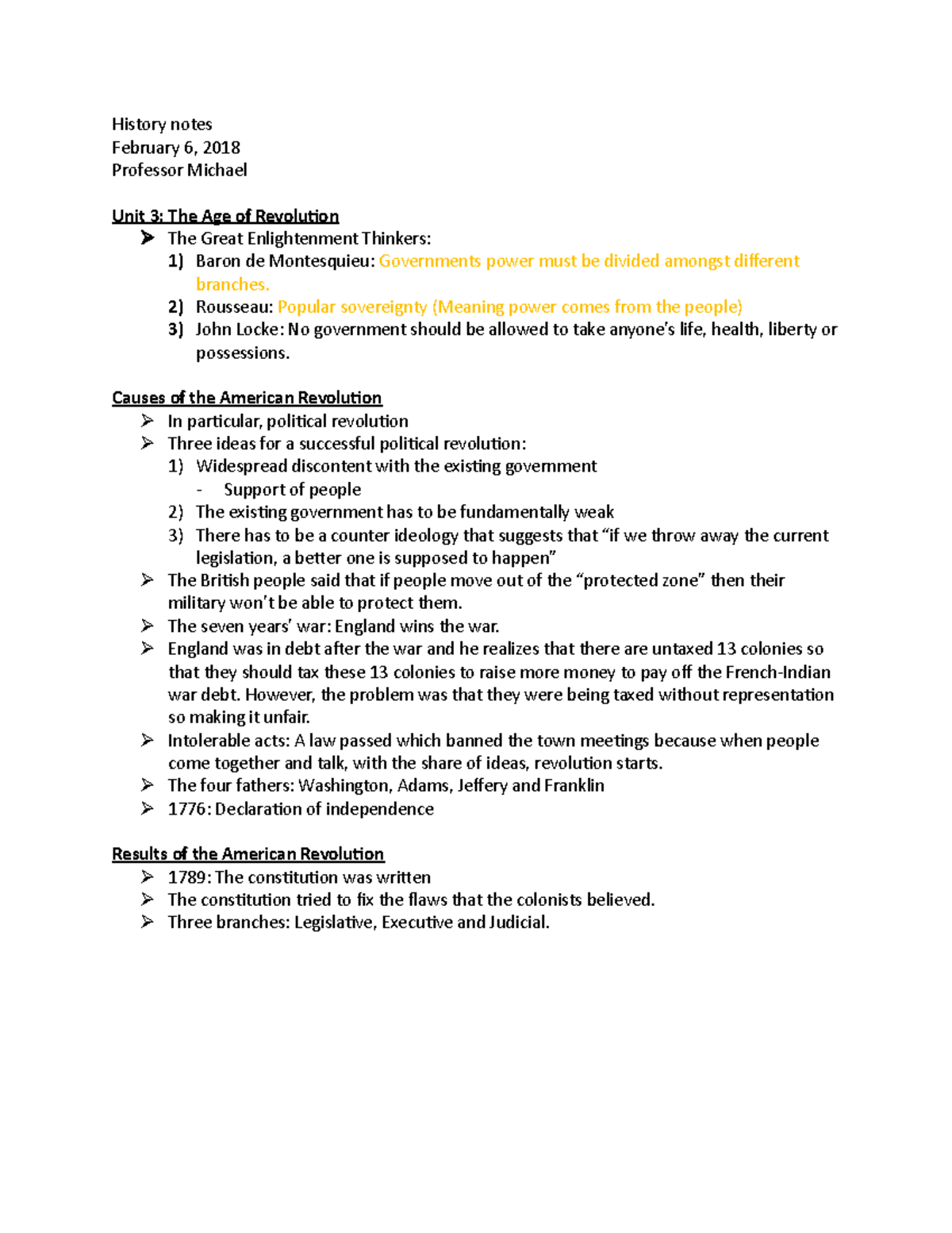 History notes 5 - History notes February 6, 2018 Professor Michael Unit ...