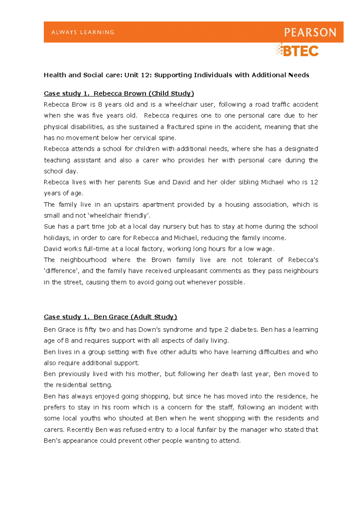 Supporting Individuals with Additional Needs Case Studies - Studocu