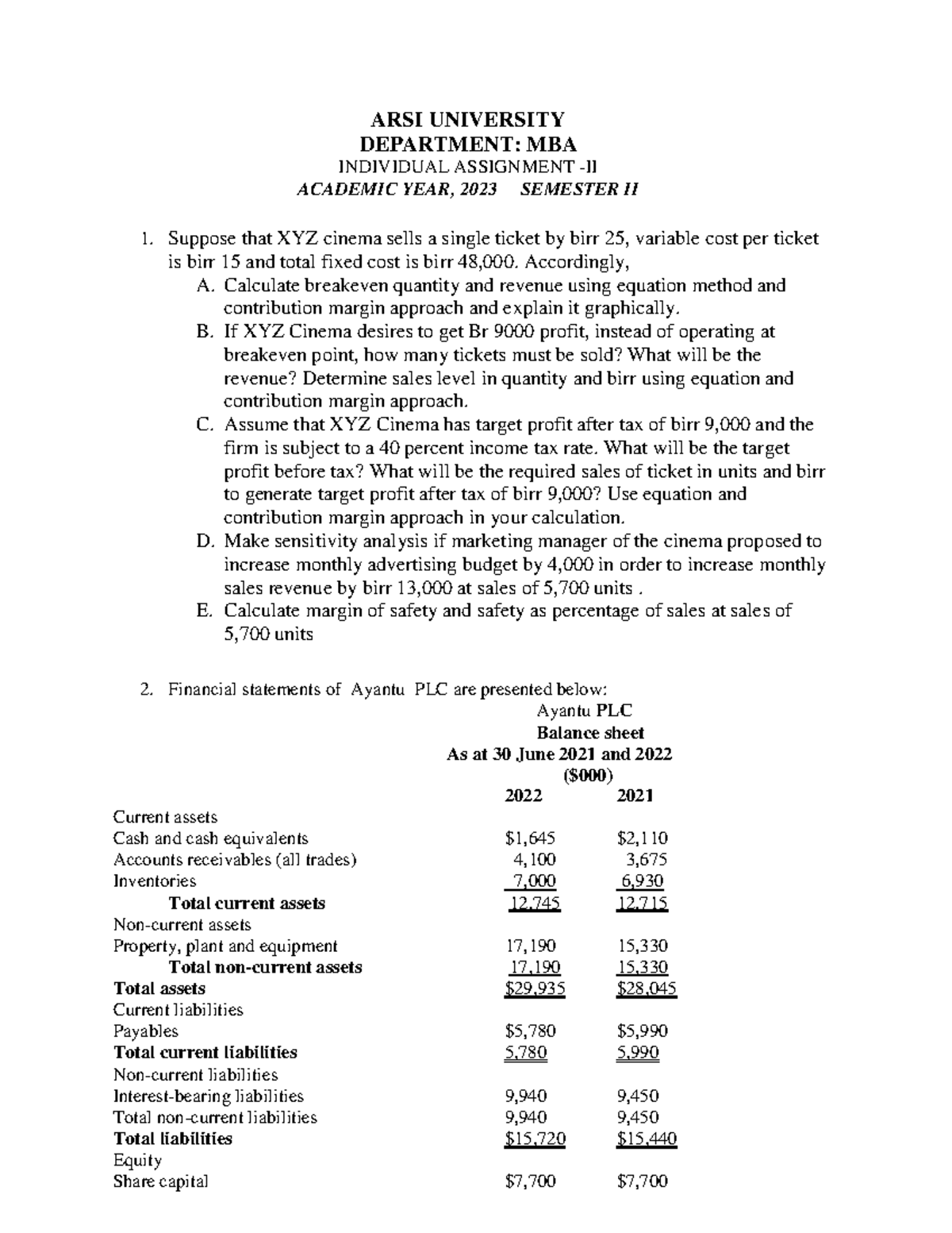 Assignment 2 MBA FA - ARSI UNIVERSITY DEPARTMENT: MBA INDIVIDUAL ASSIGNMENT -II ACADEMIC YEAR ...