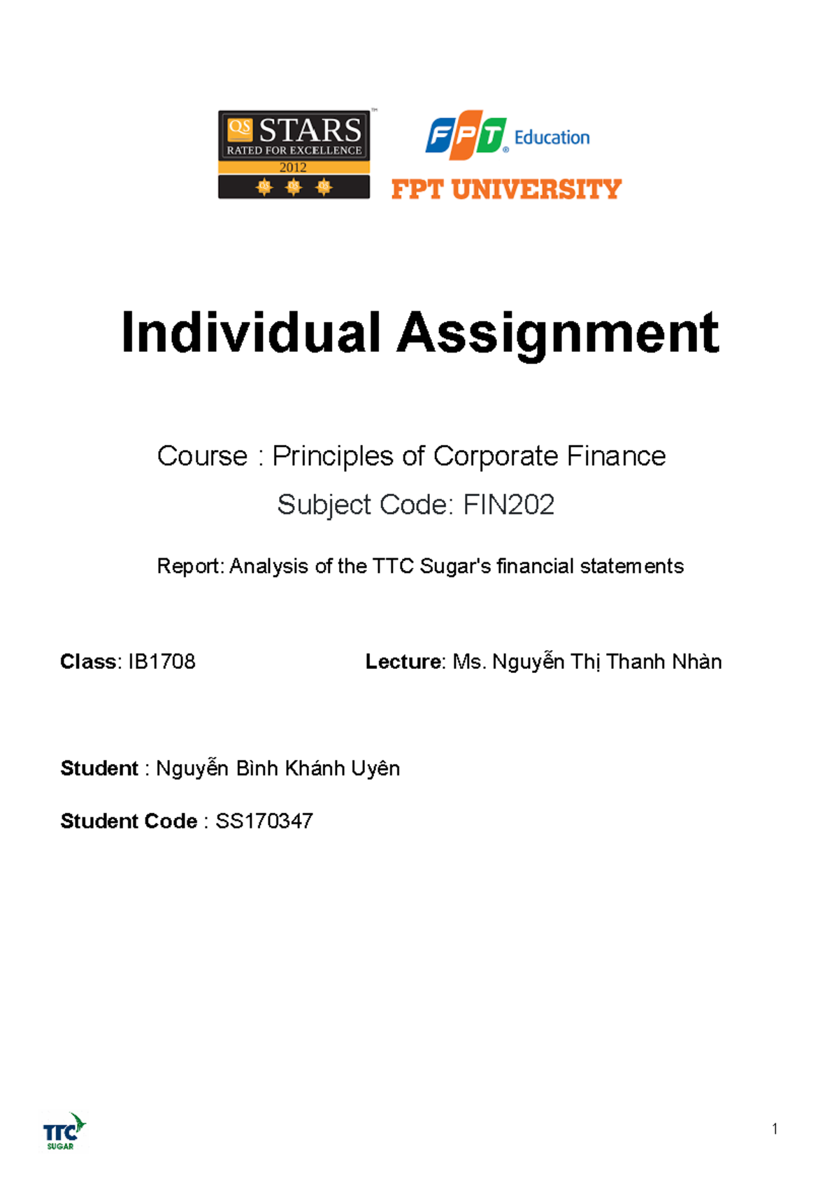 FIN202 Individuals Assignment SS170437 Nguyễn BÌnh Khánh Uyên ...