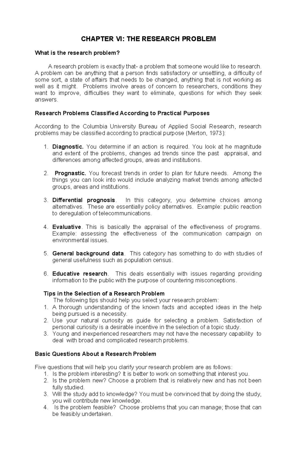 Chapter VI Research problem - CHAPTER VI: THE RESEARCH PROBLEM What is ...