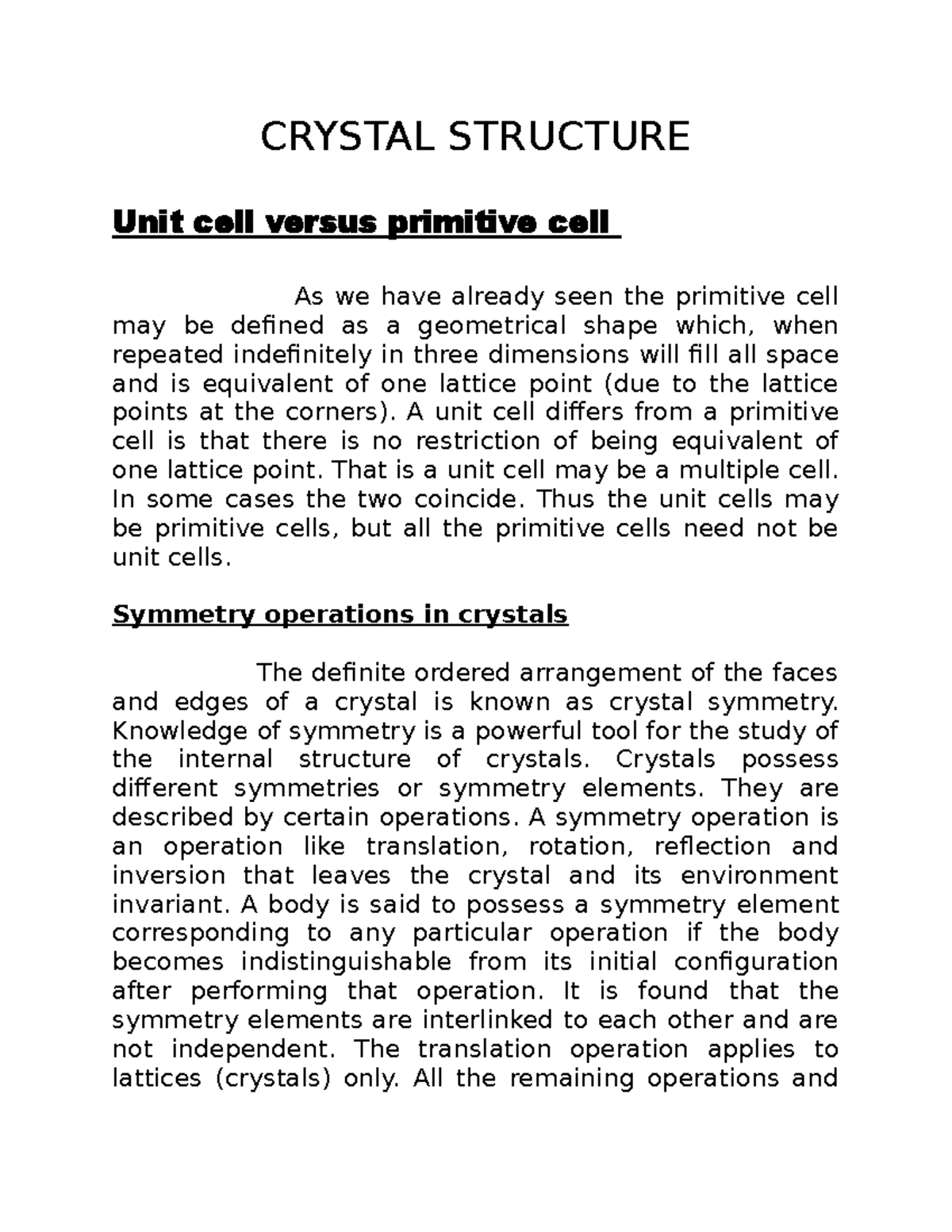 Crystal Structure- unit cell, primitive cell and symmetry operations in ...