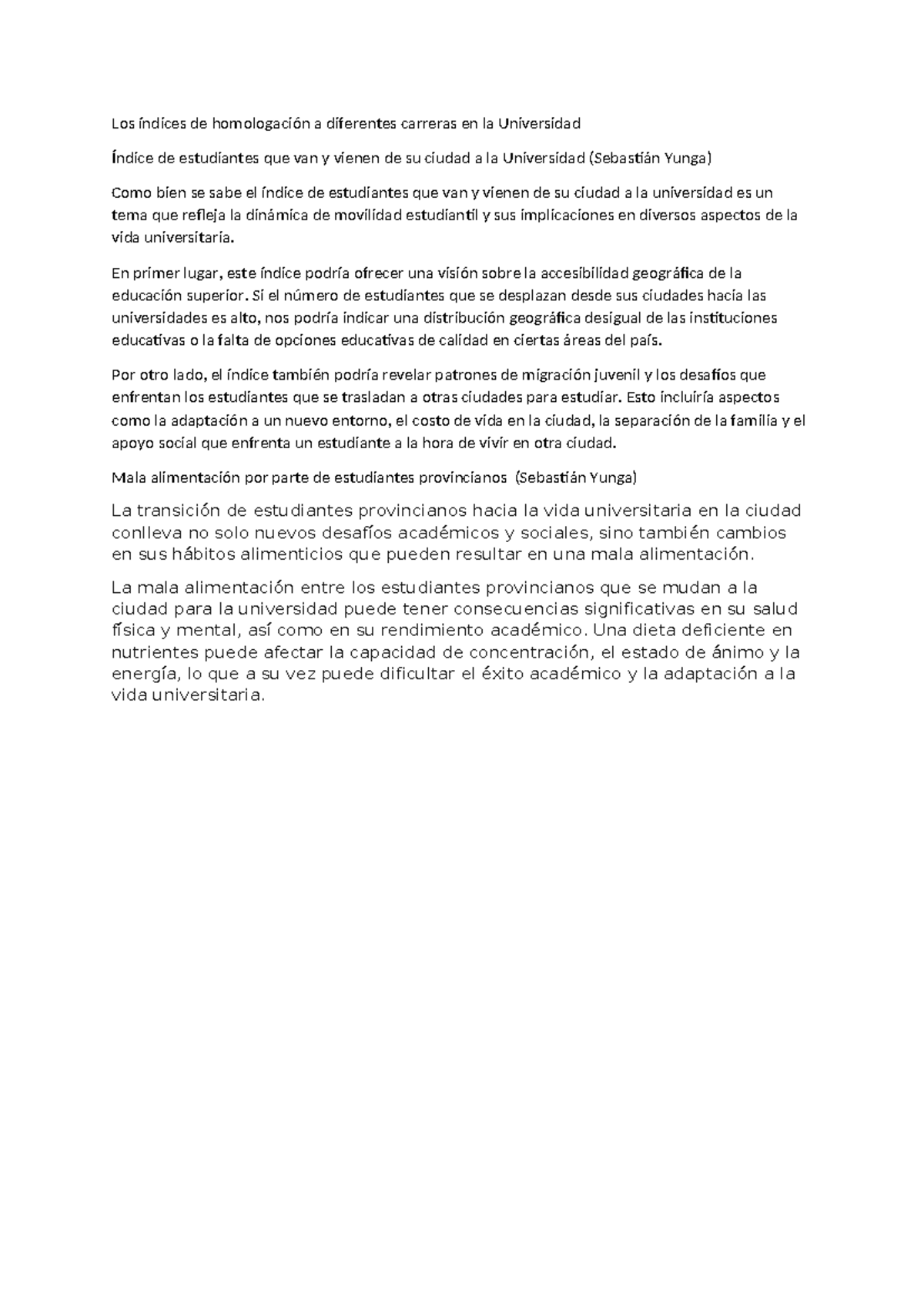 Los índices de homologación a diferentes carreras en la Universidad ...