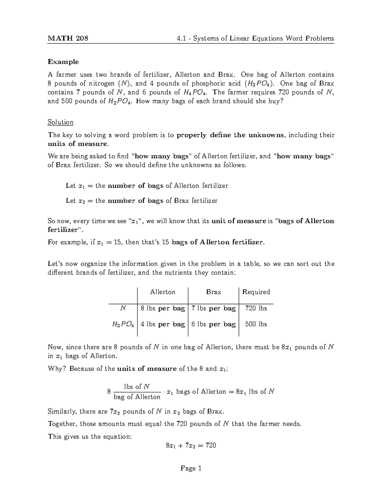 MATH 208 4 1 Systems Of Linear Equations Word Problems MATH 208 4