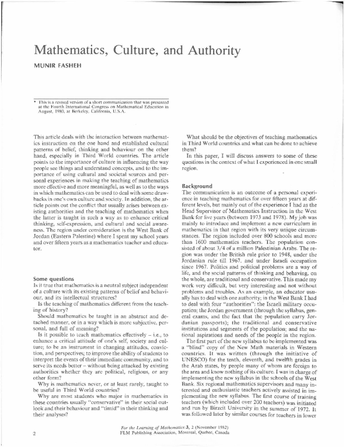 Munir Fasheh - Presentation - Mathematics, Culture, and Authority MUNIR ...