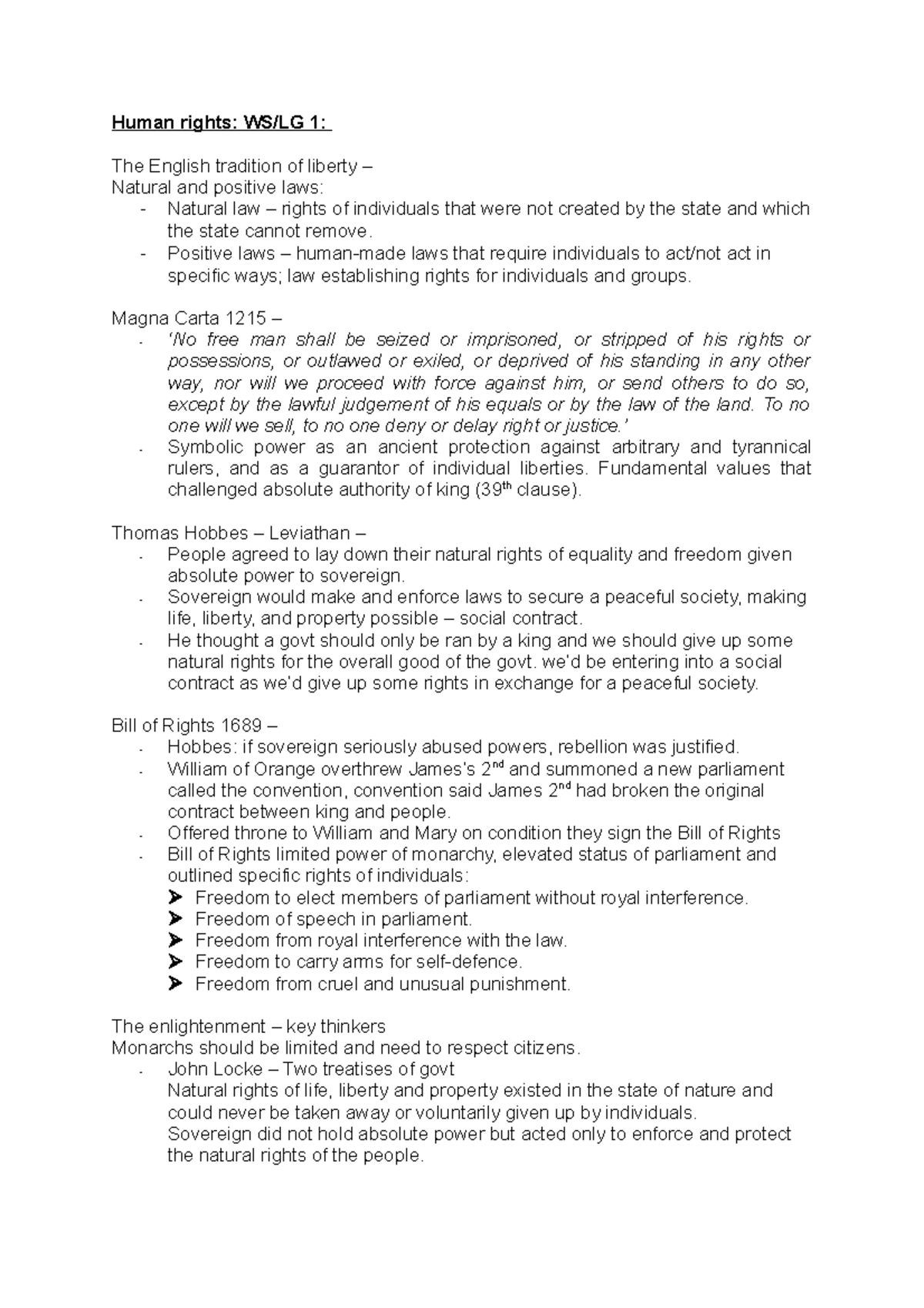 Human rights notes - Human rights: WS/LG 1: The English tradition of ...