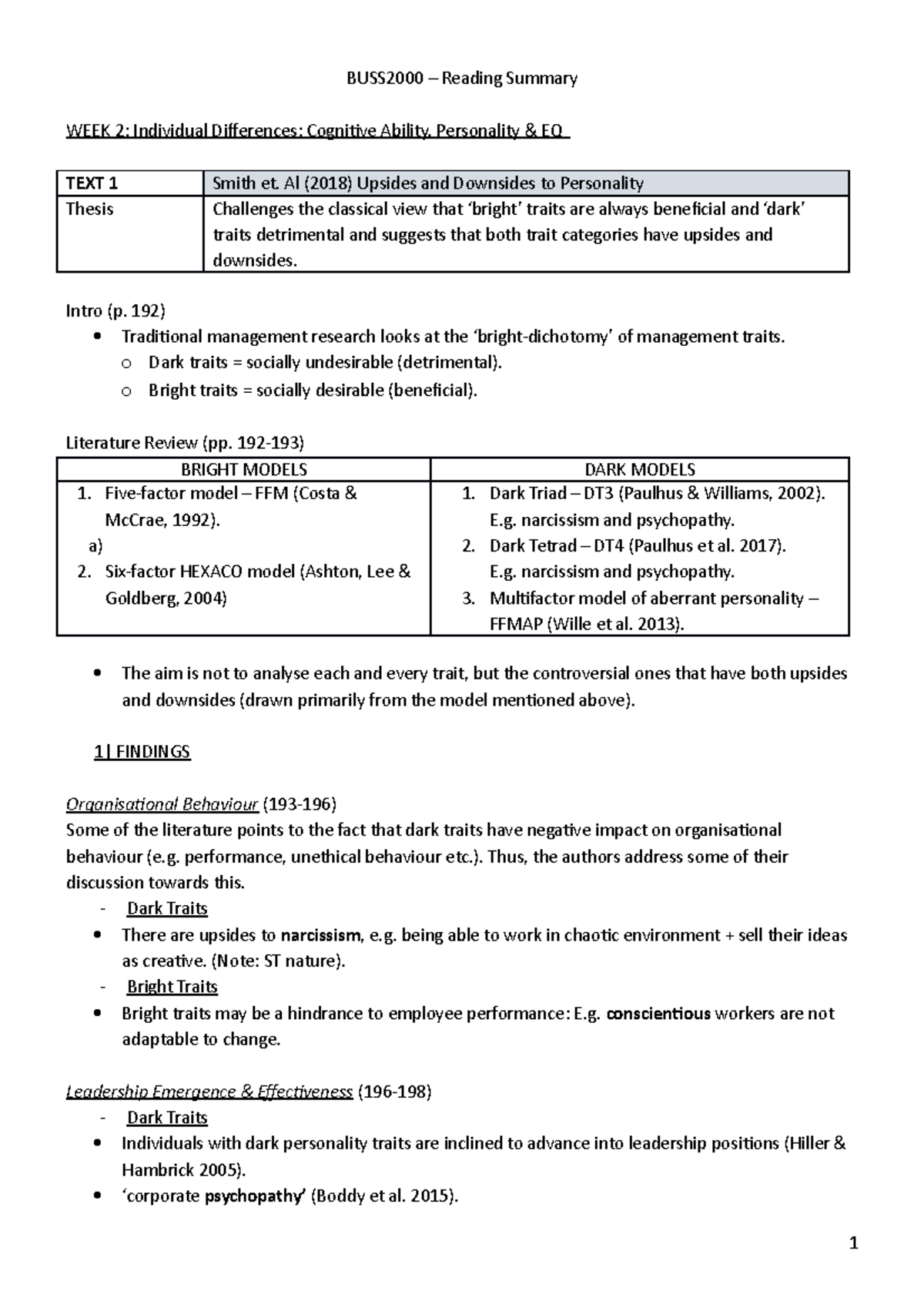 BUSS2000-Readings-Notes - BUSS2000 – Reading Summary WEEK 2: Individual ...