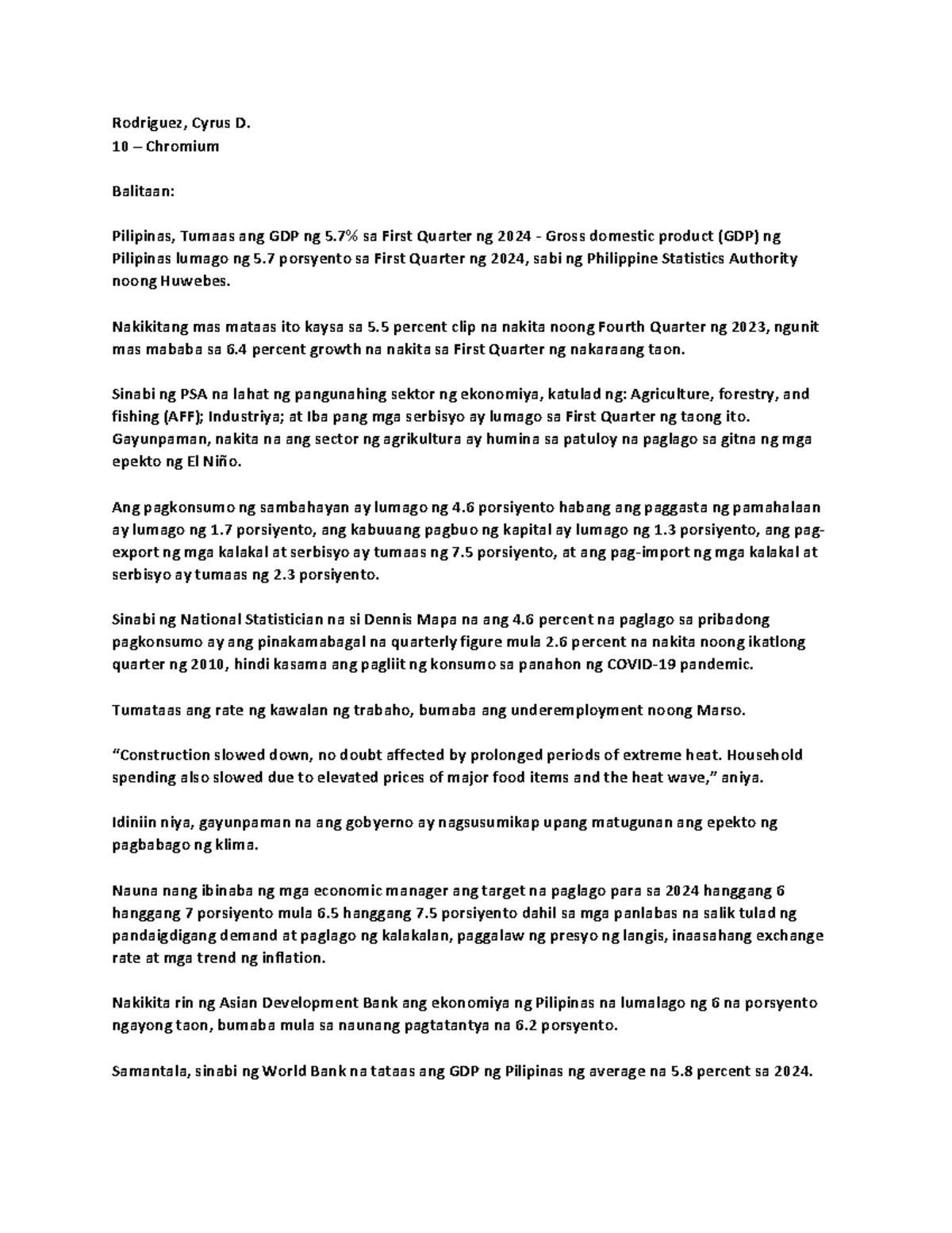 Balitaan - Rodriguez (Mayo 10, 2024) - Rodriguez, Cyrus D. 10 ...