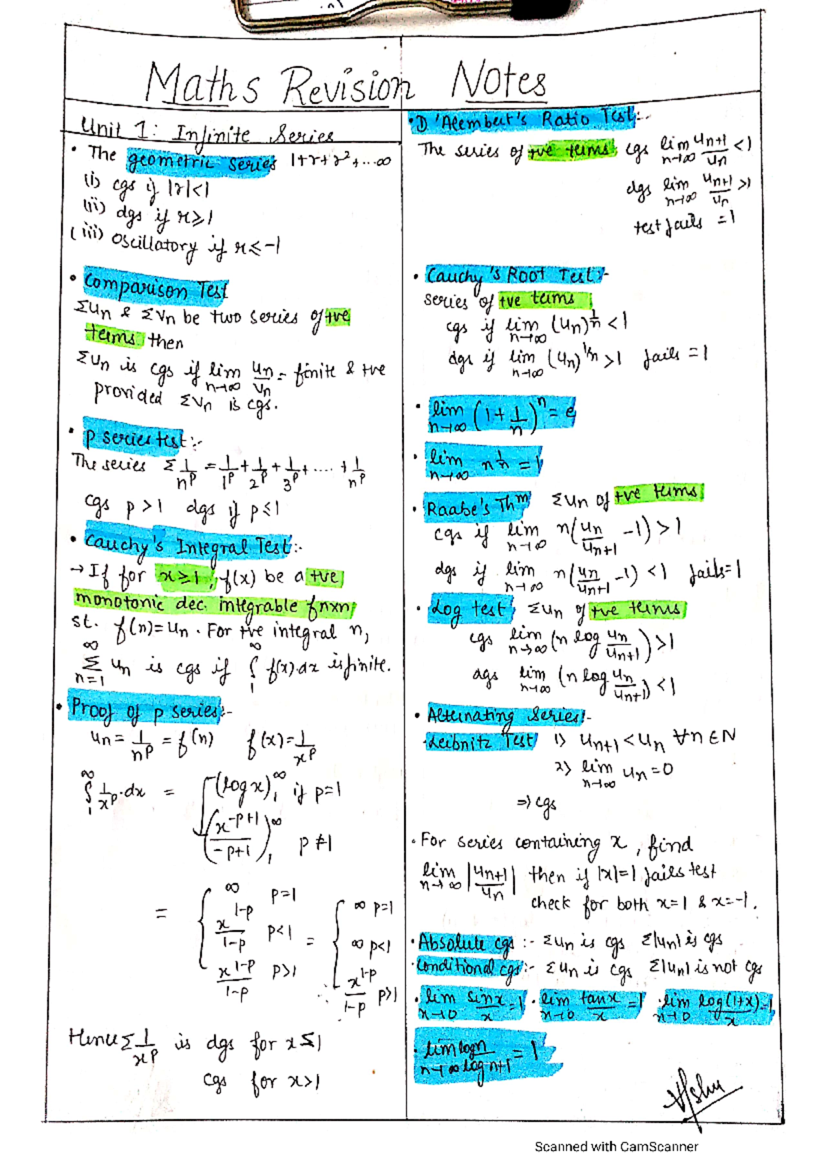 Maths Cheat Sheet - Maths Revision Notes Unit 1: Infinite Series D ...