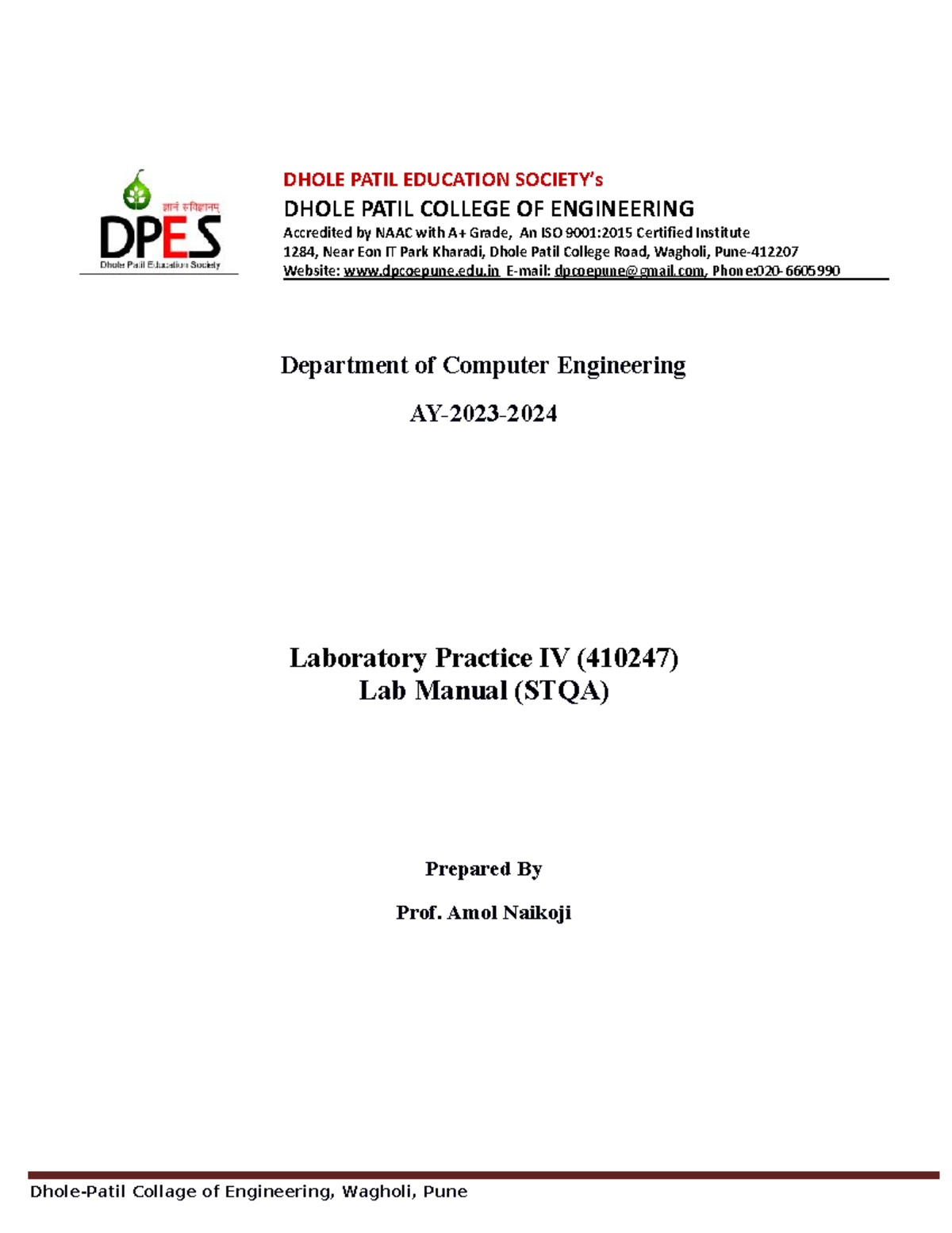 LP-IV BELab Manual first page - DHOLE PATIL EDUCATION SOCIETY’s DHOLE ...