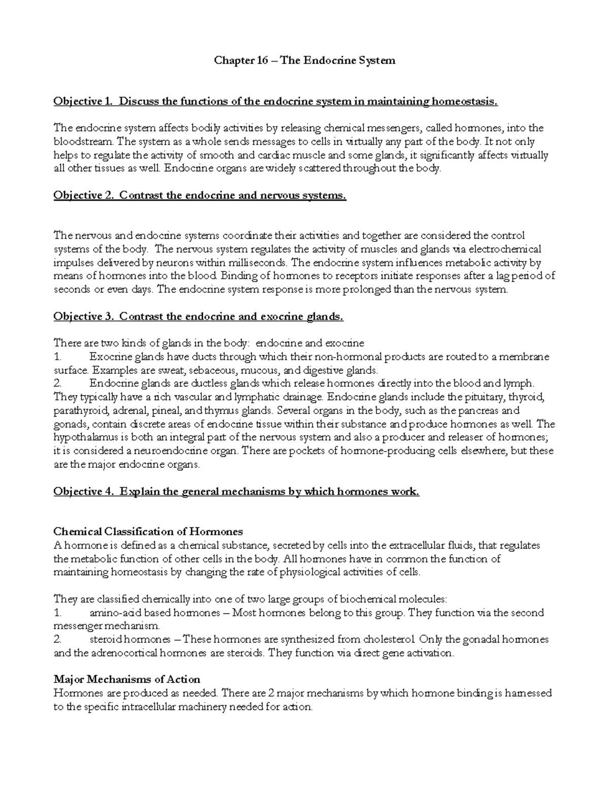 Chapter 16 notes - Chapter 16 – The Endocrine System Objective 1 ...