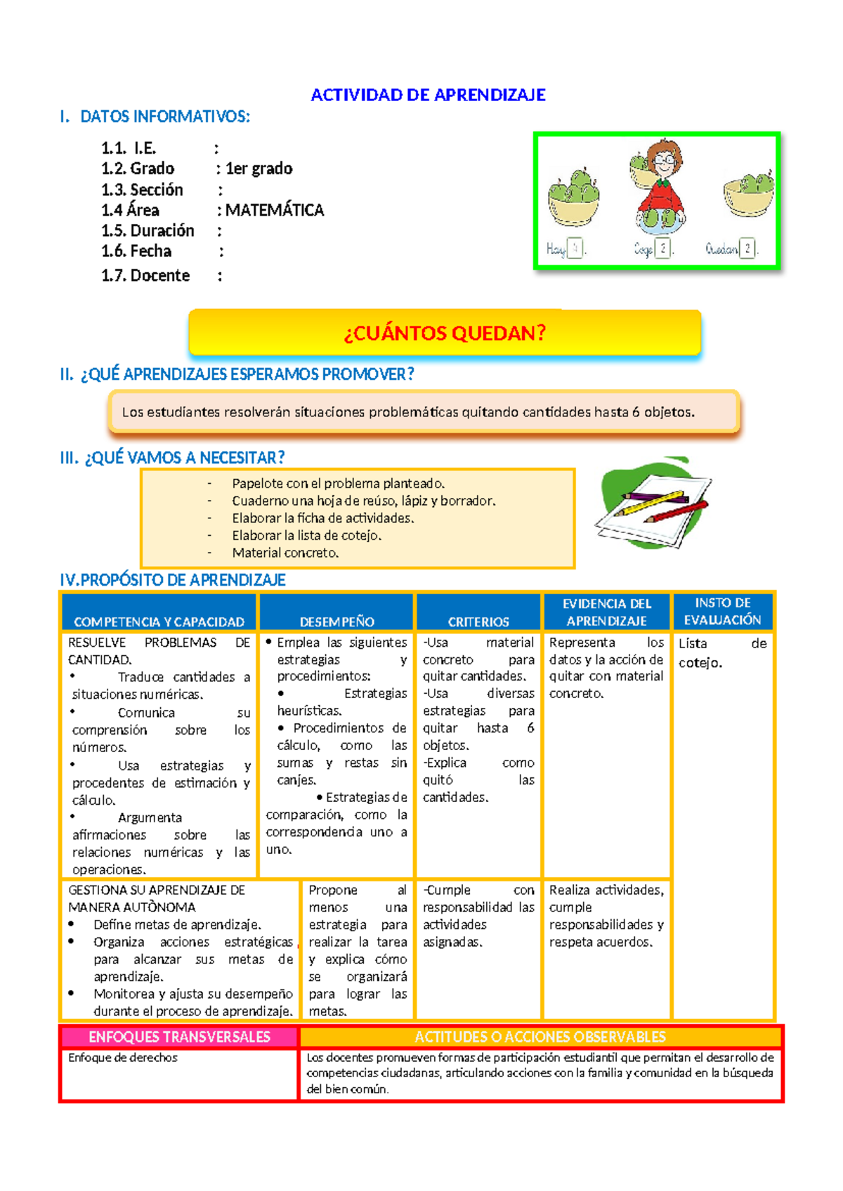 sesion de matematica primer grado de primaria - ACTIVIDAD DE ...