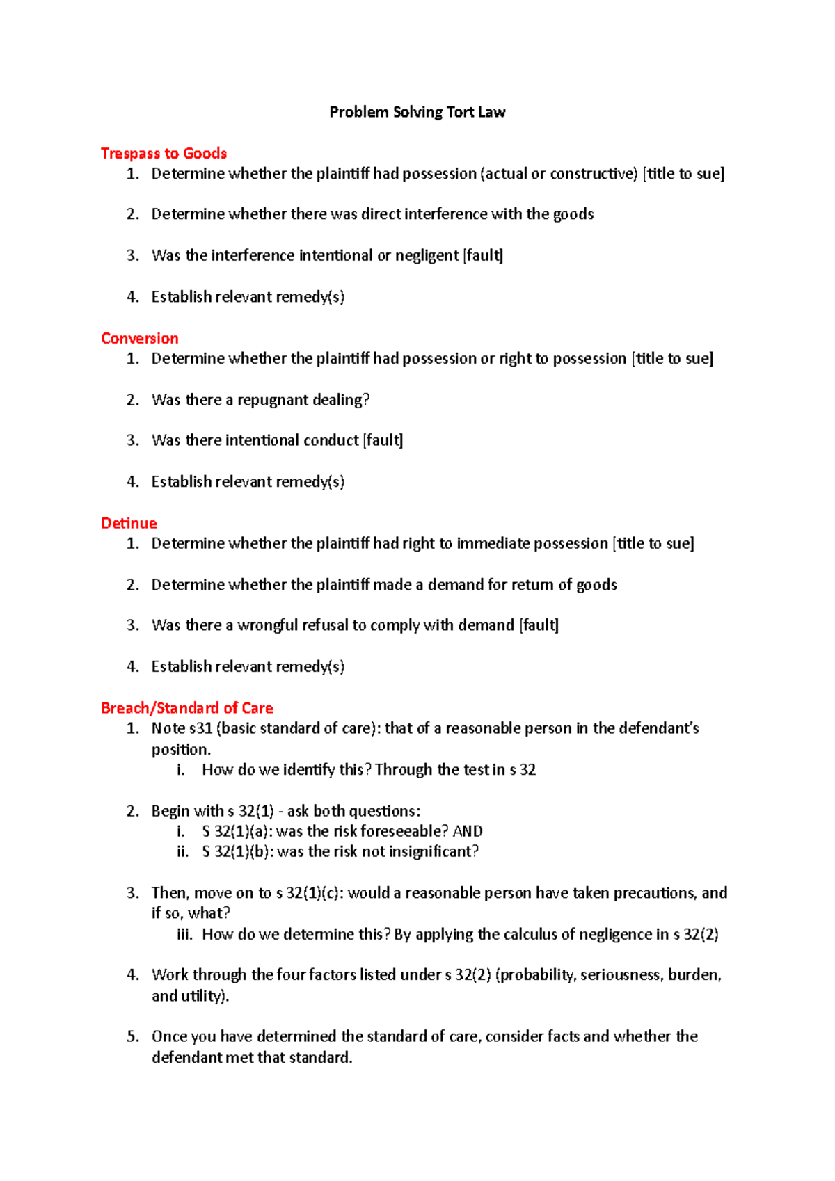 Problem Solving Tort Law - Problem Solving Tort Law Trespass to Goods ...