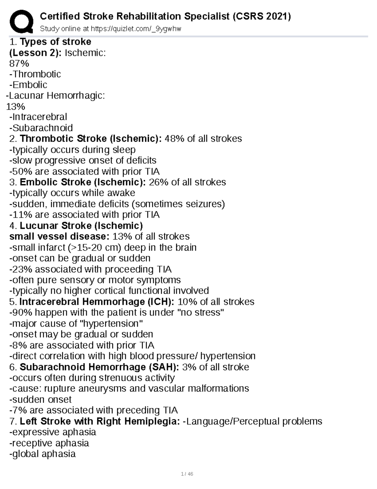 Certified Stroke Rehabilitation Specialist (CSRS 2021) - Types of stroke (Lesson 2): Ischemic ...