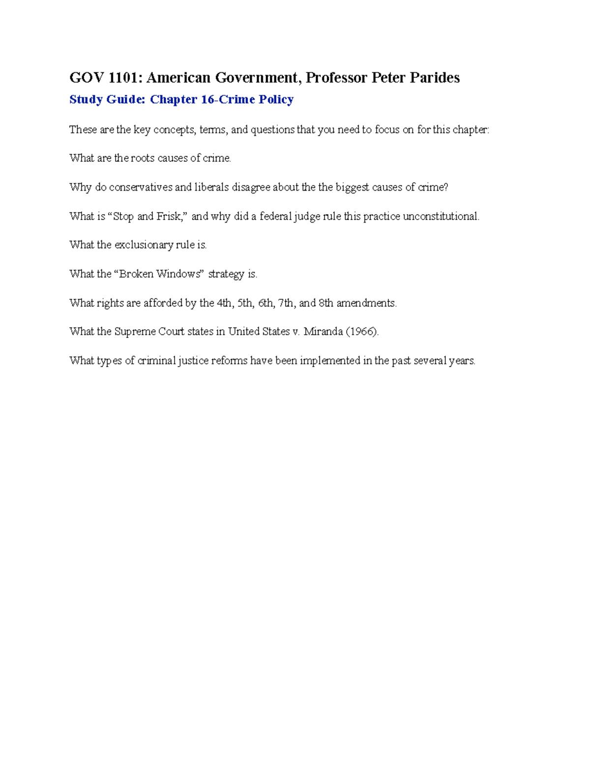 Ch. 16- Study Guide - GOV 1101: American Government, Professor Peter ...