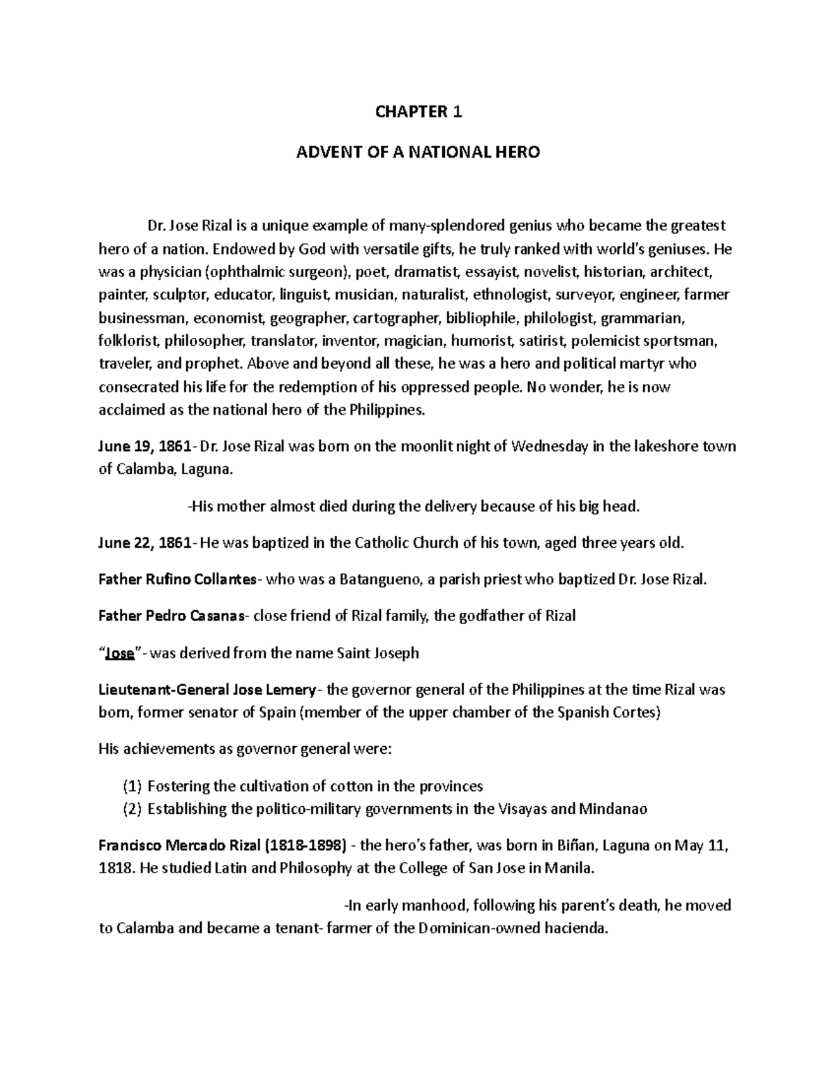 THE LIFE OF JOSE Rizal - CHAPTER 1 ADVENT OF A NATIONAL HERO Dr. Jose ...
