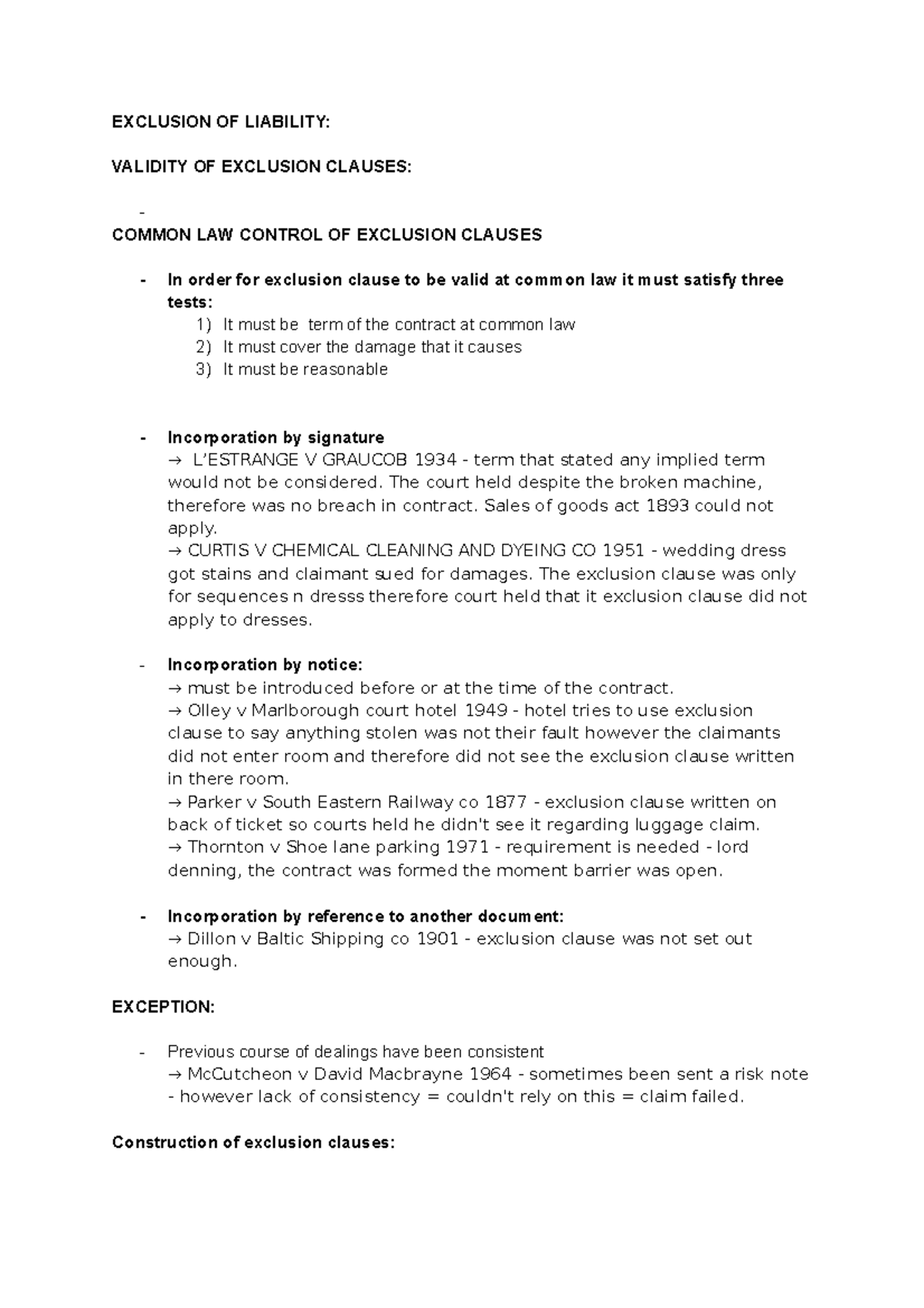 Exclusion OF Liability - EXCLUSION OF LIABILITY: VALIDITY OF EXCLUSION ...