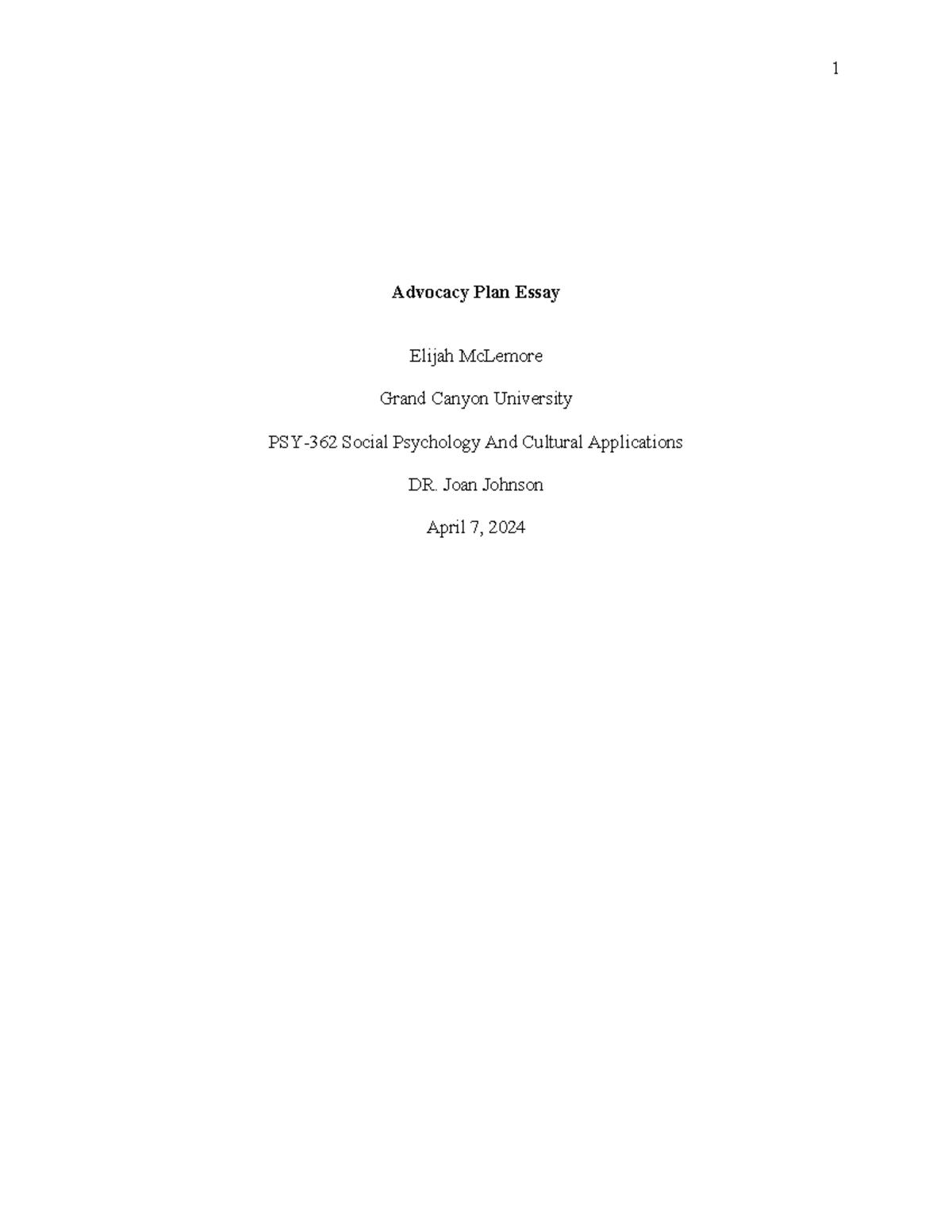 Advocacy Plan Essay -2 - N/A - Advocacy Plan Essay Elijah McLemore ...