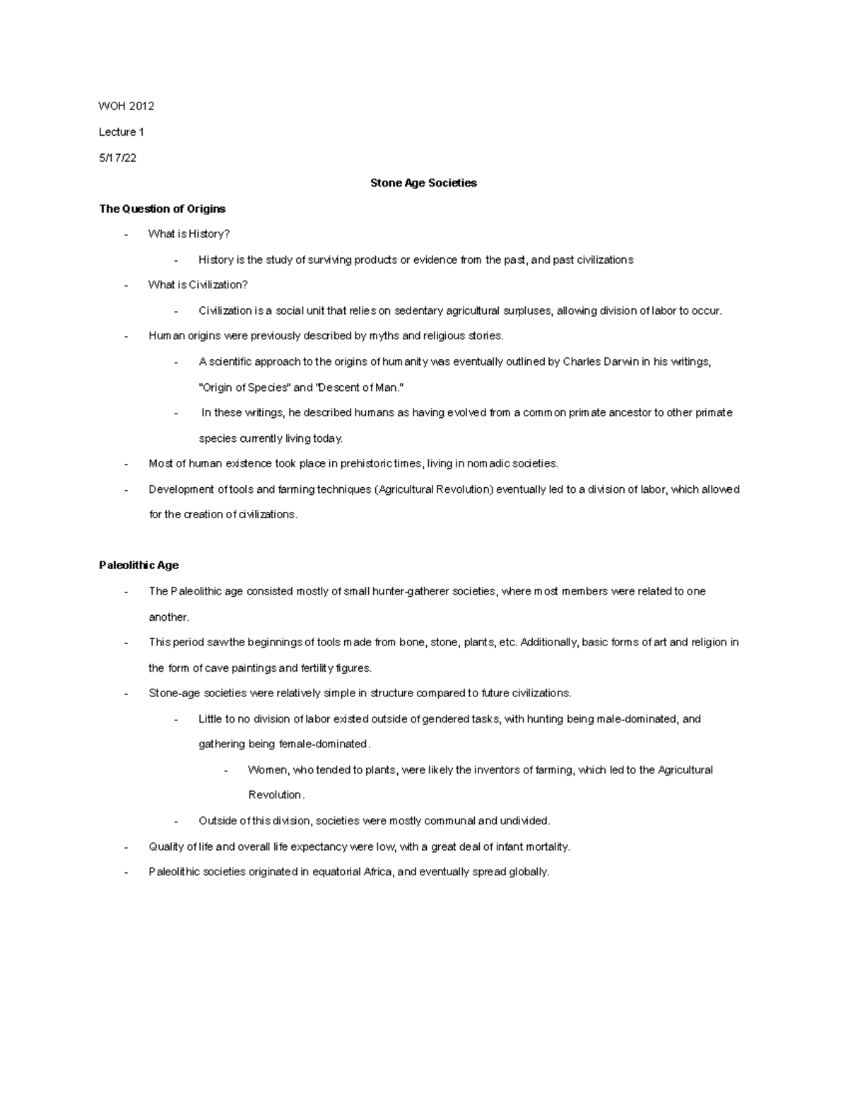 WOH2012 Lec1 Notes - WOH 2012 Lecture 1 5/17/ Stone Age Societies The ...
