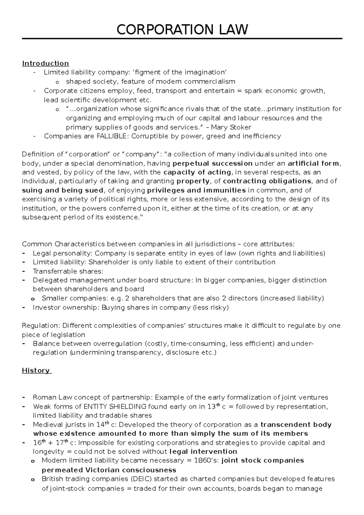 Corporation Law Lecture Notes - CORPORATION LAW Introduction - Limited ...