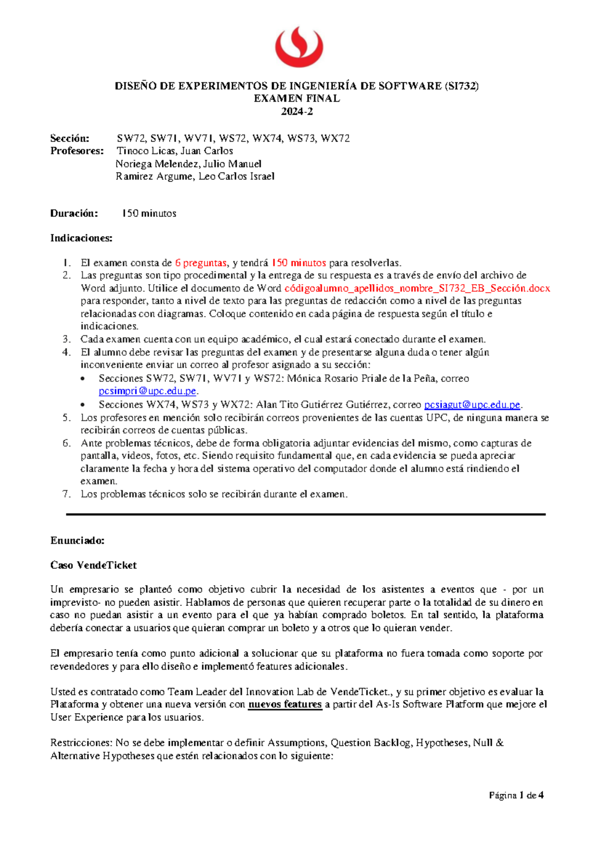 Upc pre 202402 si732 EB - Página 1 de 4 DISEÑO DE EXPERIMENTOS DE INGENIERÍA DE SOFTWARE (SI732 ...