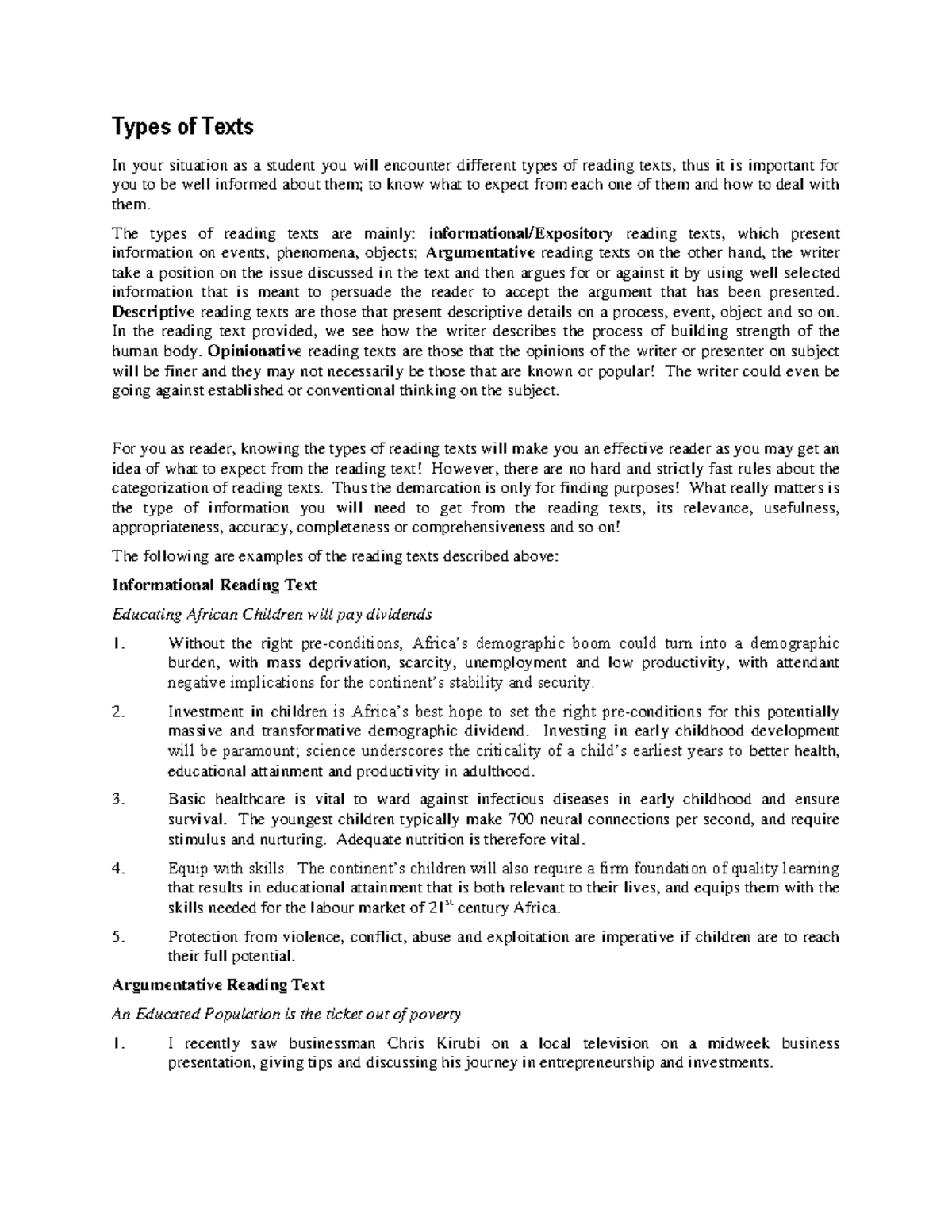 Topic 6 Reading Materials - Types of Texts In your situation as a ...