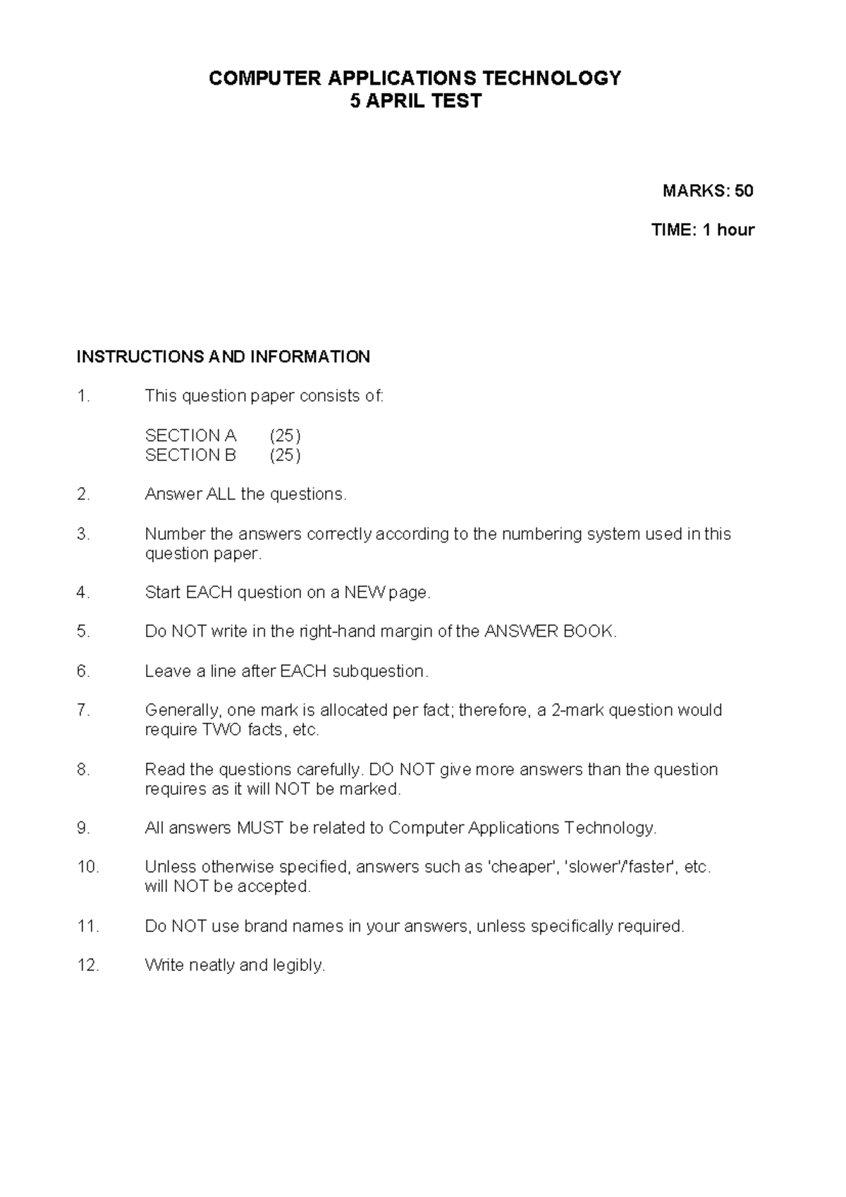 Computer Applications Technology TEST April - COMPUTER APPLICATIONS ...
