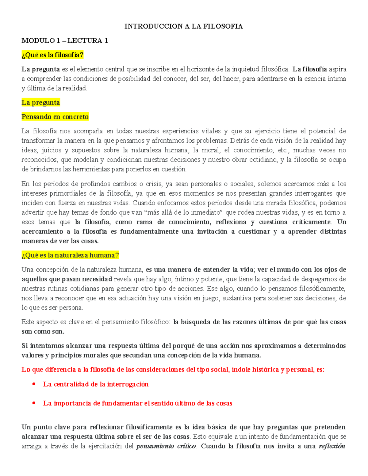 Introduccion A LA Filosofia M1 - INTRODUCCION A LA FILOSOFIA MODULO 1 – LECTURA 1 ¿Qué es la ...