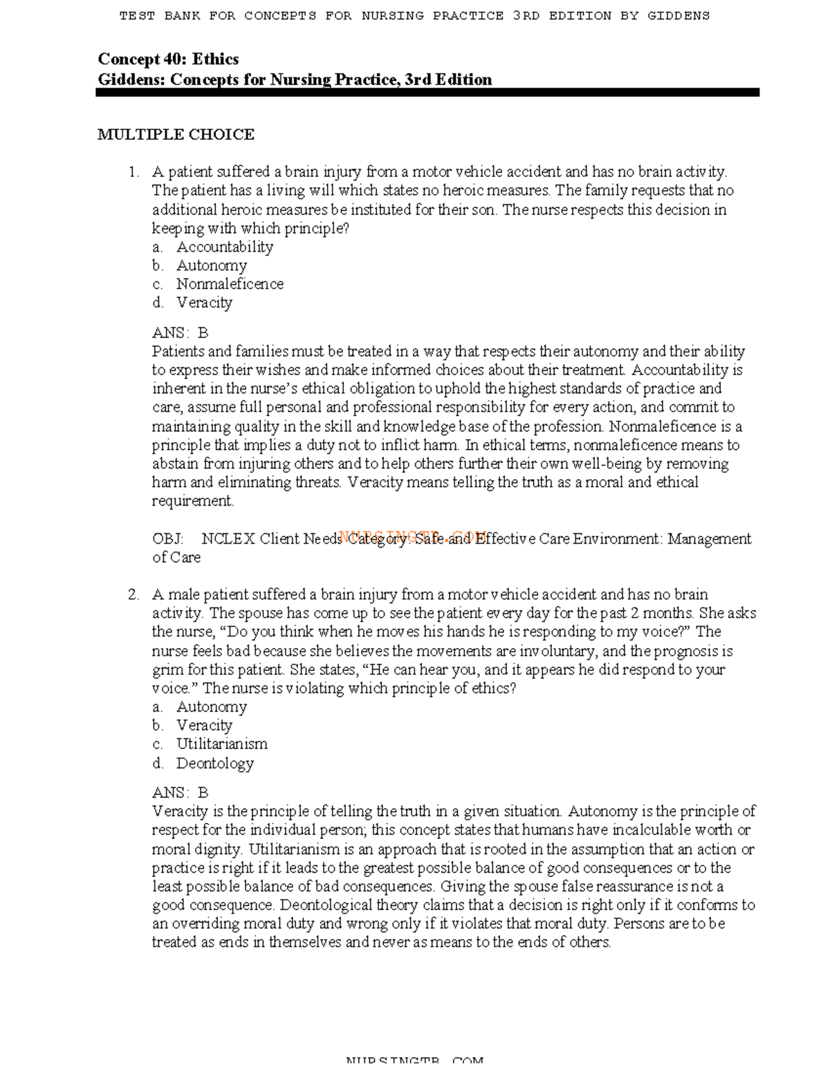 Concept 40 - Giddens TB - Concept 40: Ethics Giddens: Concepts for Nursing Practice, 3rd Edition ...